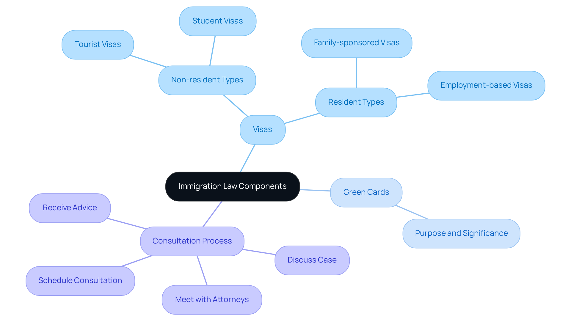 The center represents the overall topic of immigration law, with branches showing different categories like visas and green cards. Each sub-branch details specific types or steps, helping you see how everything connects. The center represents the overall topic of immigration law, with branches showing different categories like visas and green cards. Each sub-branch details specific types or steps, helping you see how everything connects.