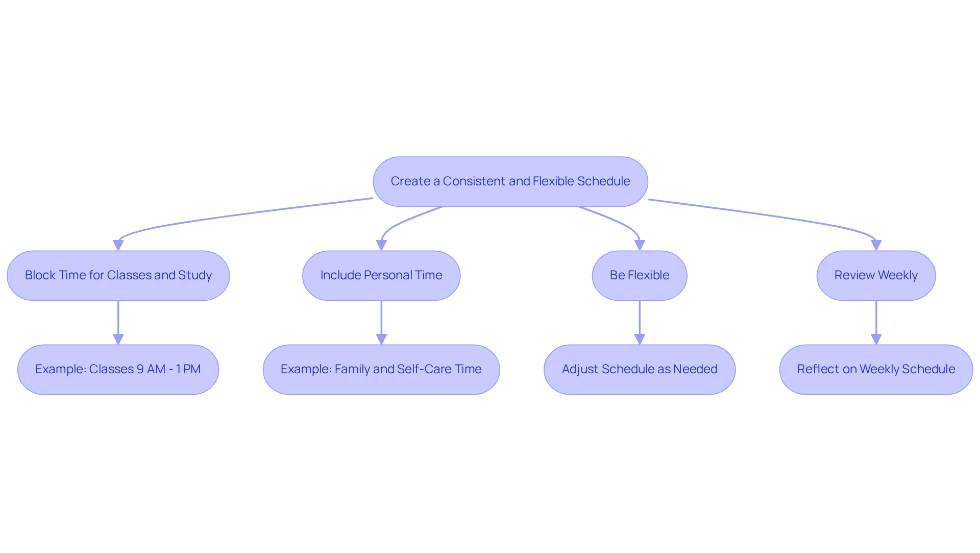 Follow the arrows to see how to build your schedule step by step. Each box represents a key action you can take to balance your studies and personal life. Follow the arrows to see how to build your schedule step by step. Each box represents a key action you can take to balance your studies and personal life.