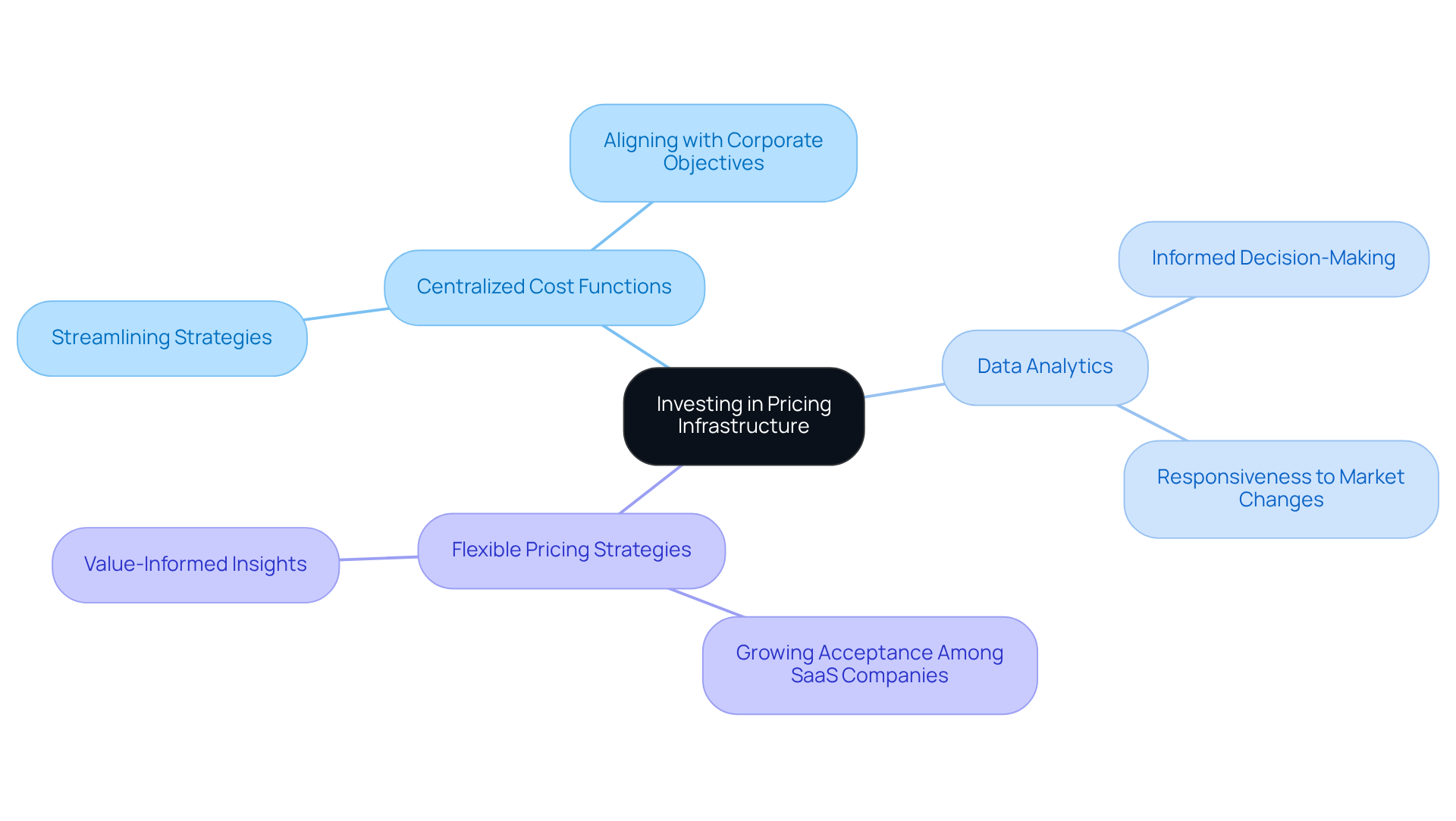 The central node represents the main focus on pricing infrastructure, while the branches show how different elements like cost functions and analytics contribute to enhancing software pricing strategies.