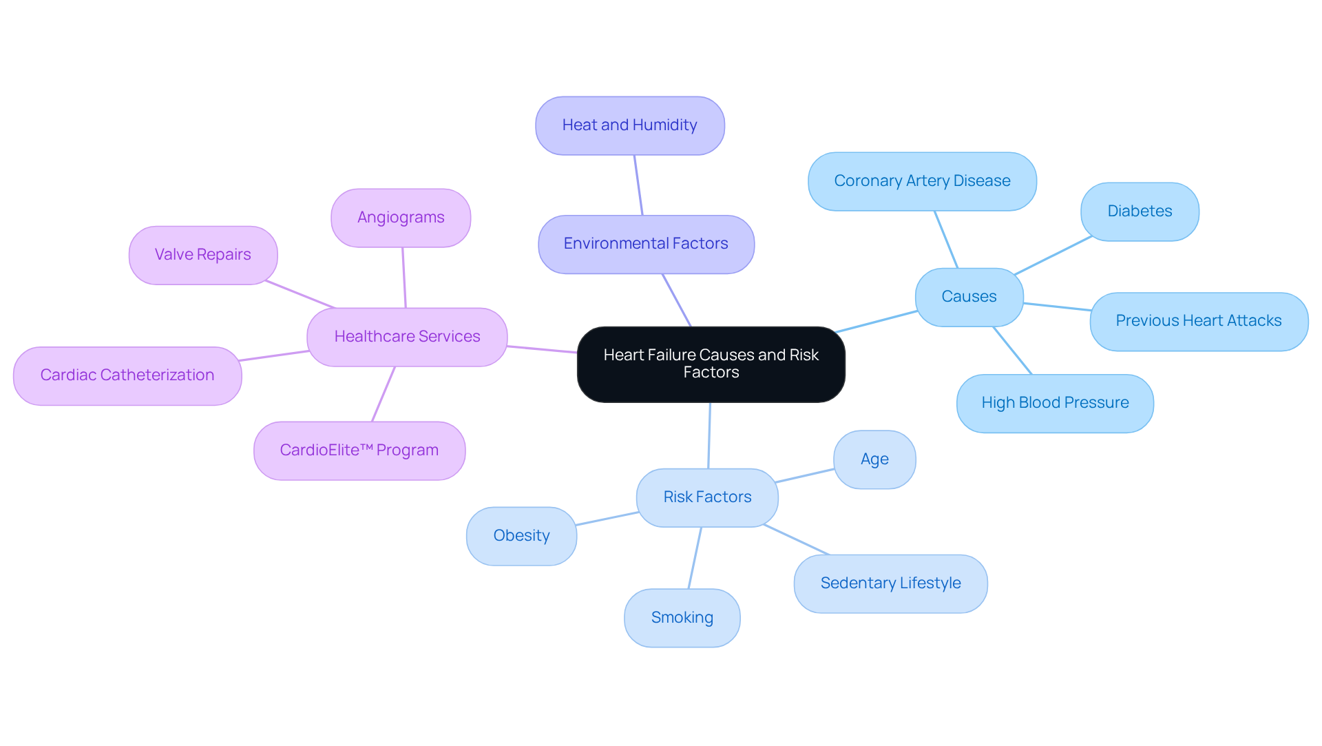 This mindmap starts with heart failure at the center and branches out to show various causes and risk factors. Each branch represents a different category, helping you see how they relate to heart health. The healthcare services offered are also included, showing how they connect to managing heart failure. This mindmap starts with heart failure at the center and branches out to show various causes and risk factors. Each branch represents a different category, helping you see how they relate to heart health. The healthcare services offered are also included, showing how they connect to managing heart failure.