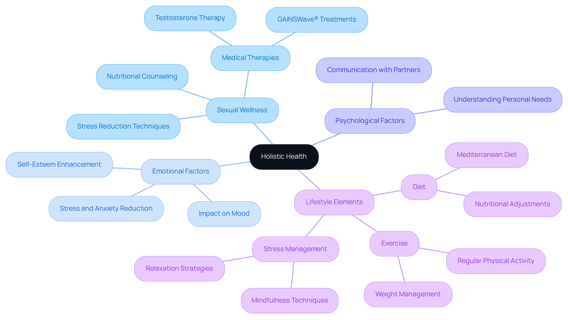 The central node represents holistic health, with branches showing how sexual wellness and lifestyle factors contribute to overall well-being. Each branch highlights specific areas of focus, illustrating the comprehensive approach to health. The central node represents holistic health, with branches showing how sexual wellness and lifestyle factors contribute to overall well-being. Each branch highlights specific areas of focus, illustrating the comprehensive approach to health.