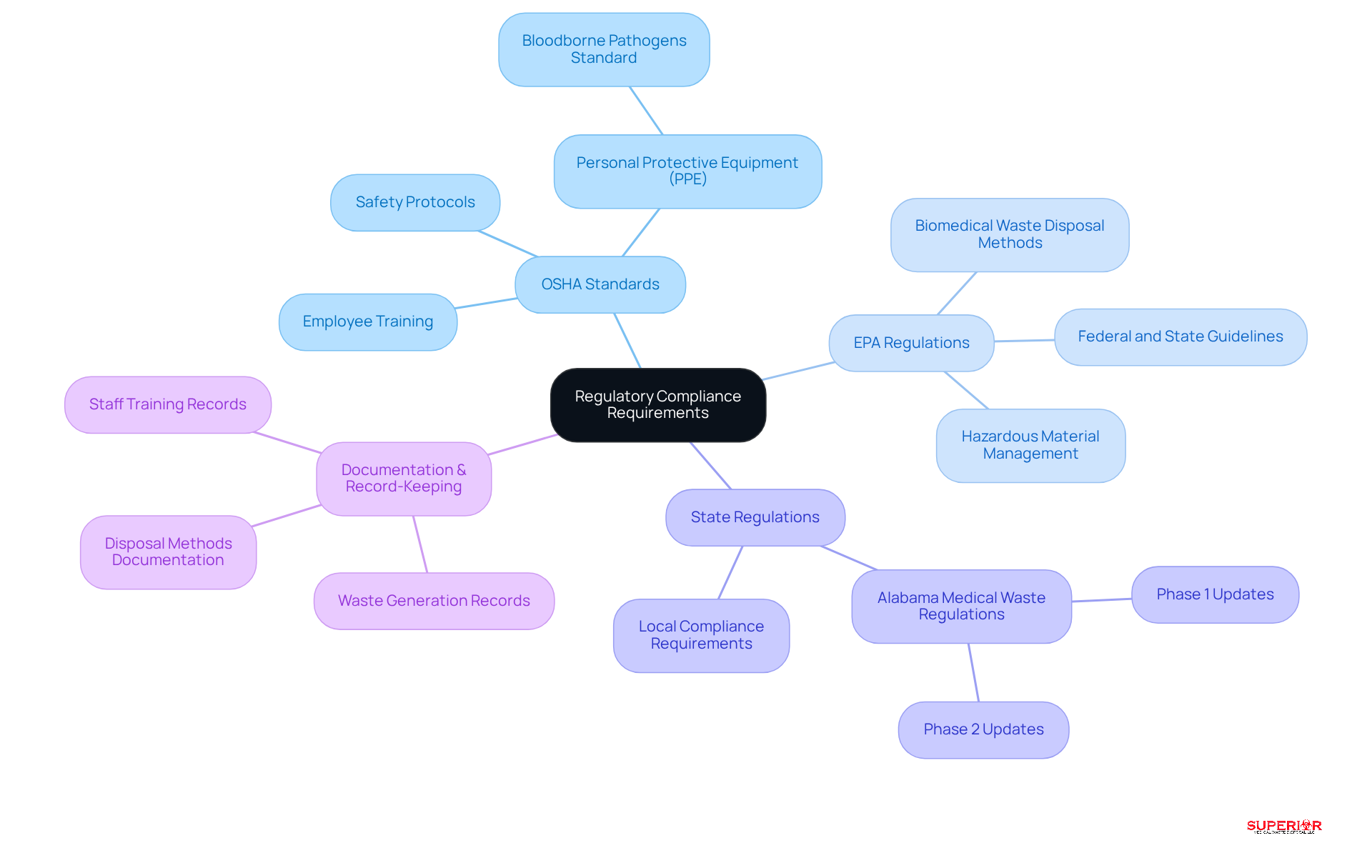 The center represents the overall compliance requirements, while the branches show specific areas of focus. Each sub-branch provides more detail about what is required in that area, helping you understand the full scope of regulations.