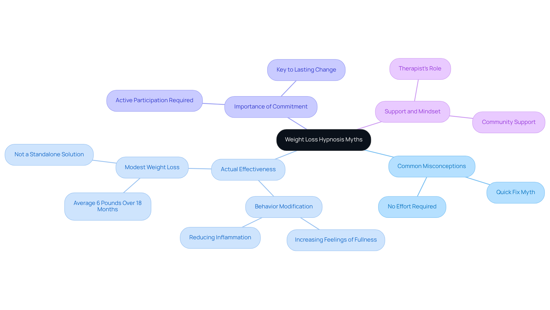 The center represents the main topic, and each branch shows a related idea or misconception. Follow the branches to understand how each point connects to the overall theme of weight loss hypnosis. The center represents the main topic, and each branch shows a related idea or misconception. Follow the branches to understand how each point connects to the overall theme of weight loss hypnosis.