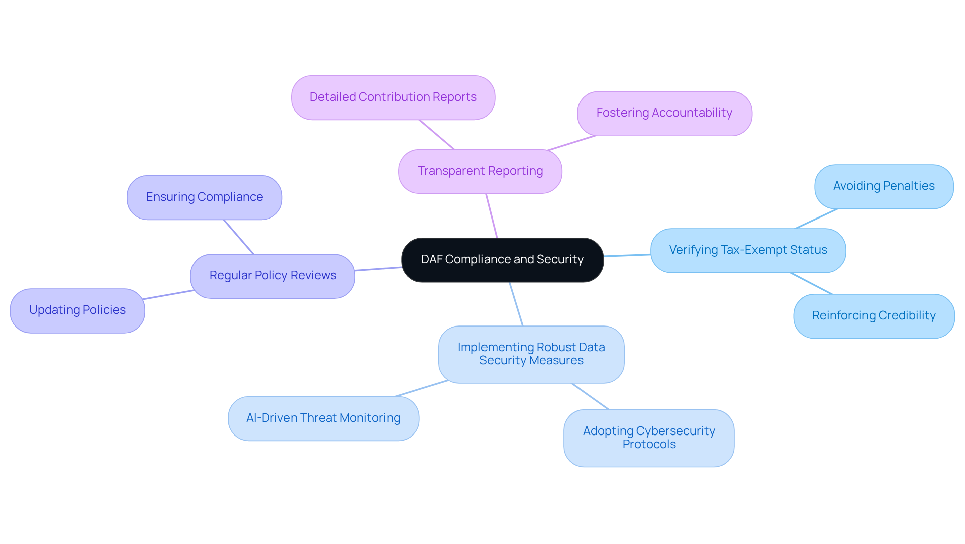 The central node represents the main focus on compliance and security in DAF transactions. Each branch highlights a key strategy, showing how nonprofits can build trust with their contributors.