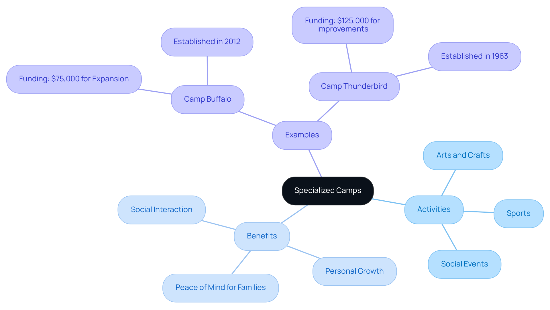 The center represents specialized camps, and the branches illustrate the activities offered, the benefits for participants and families, and notable camp examples. Follow the branches to explore how these camps provide care and recreation.