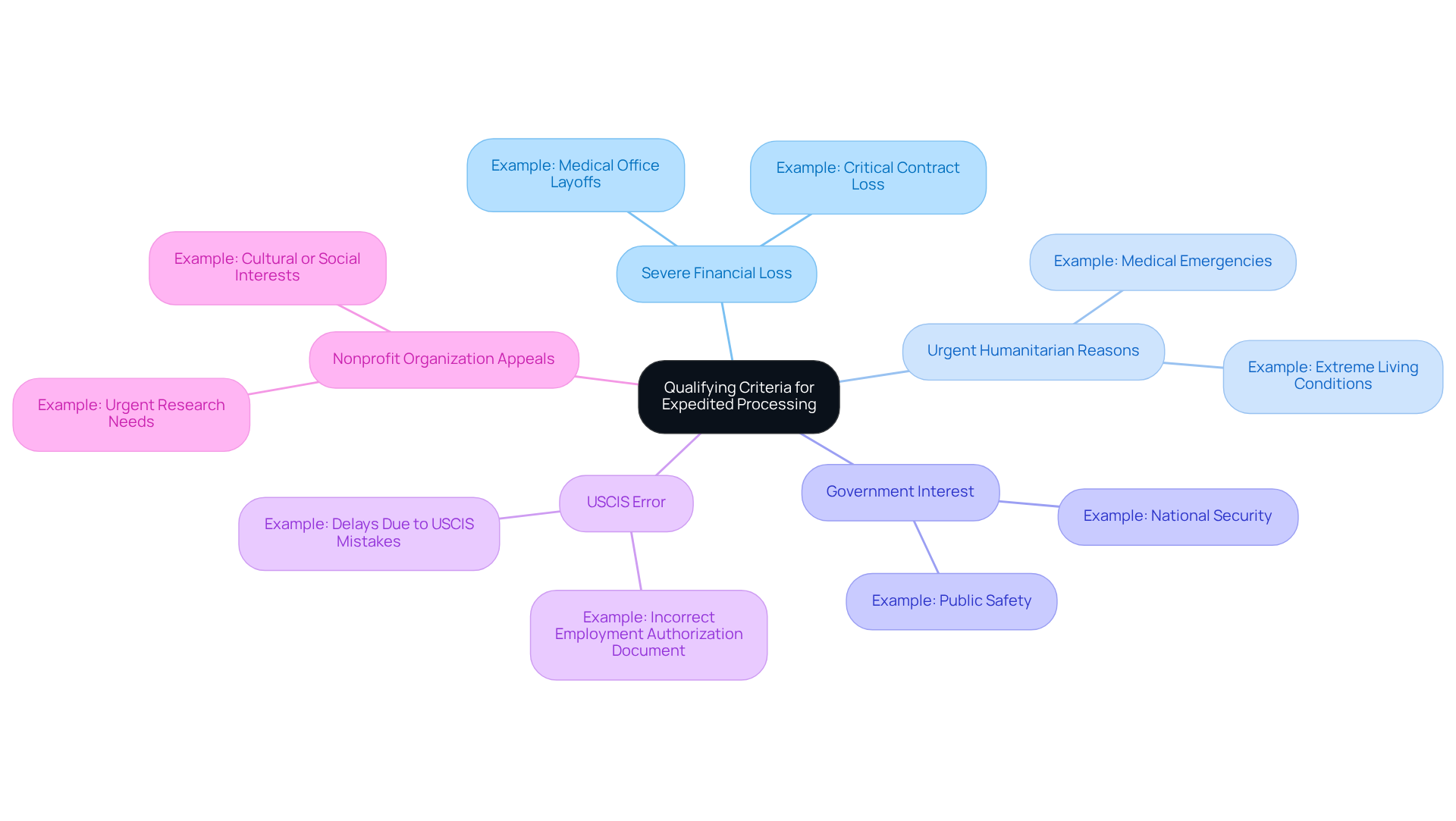 This mindmap shows the main criteria you need to qualify for expedited processing of your I-130 petition. Each branch represents a different reason you might have for speeding up your application, with examples to help you understand each one better.