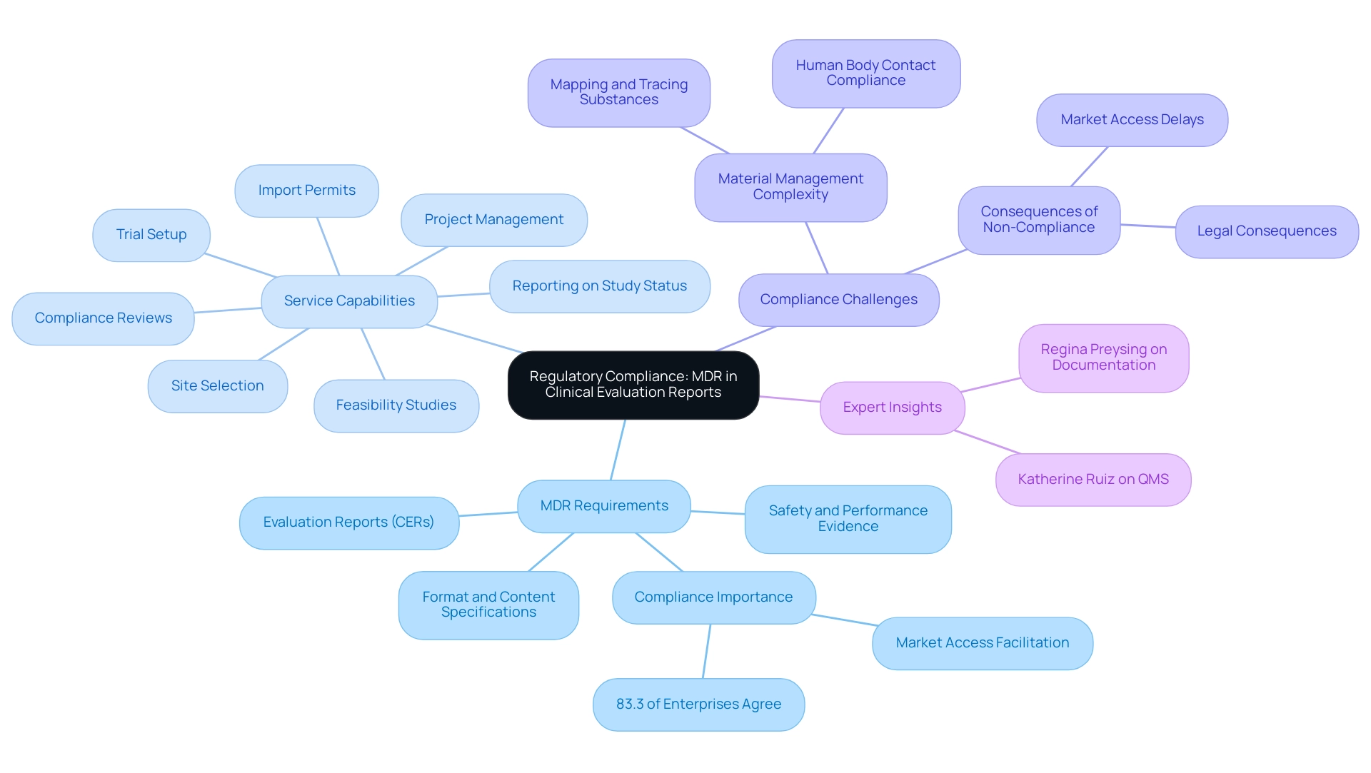 The central node represents the MDR's role, with branches illustrating key areas such as requirements, services, challenges, and expert insights.