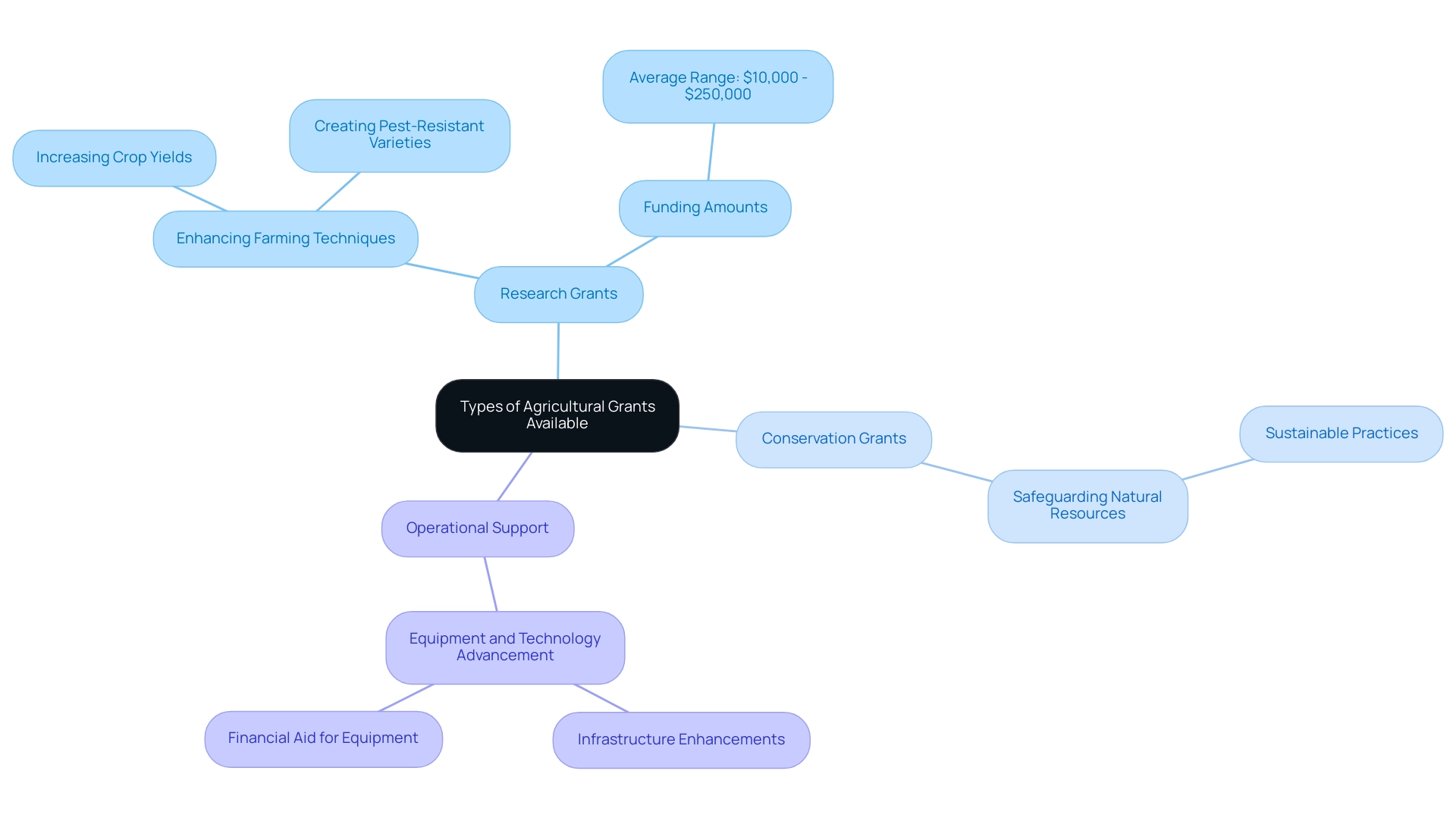 The central node represents the overall types of grants, with branches indicating specific categories and their respective focuses or examples. The central node represents the overall types of grants, with branches indicating specific categories and their respective focuses or examples.