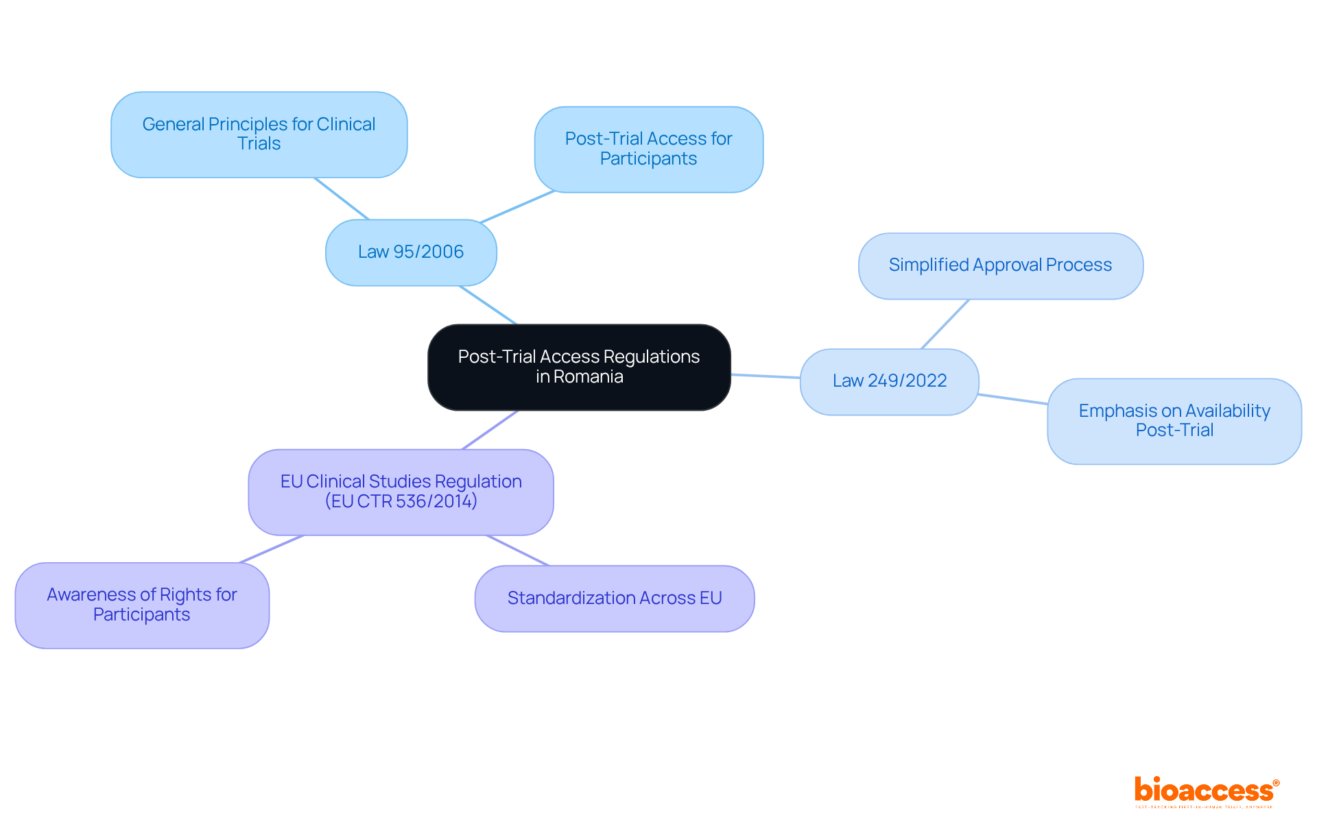 The central node represents the main topic, while each branch shows a specific law or regulation. The sub-branches highlight important details about each law, helping you understand how they contribute to post-trial access.