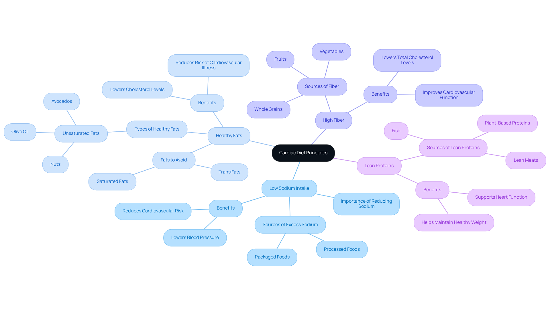 The central node represents the cardiac diet, while each branch highlights a principle that supports heart health. The sub-branches provide additional details about the benefits and recommendations for each principle.