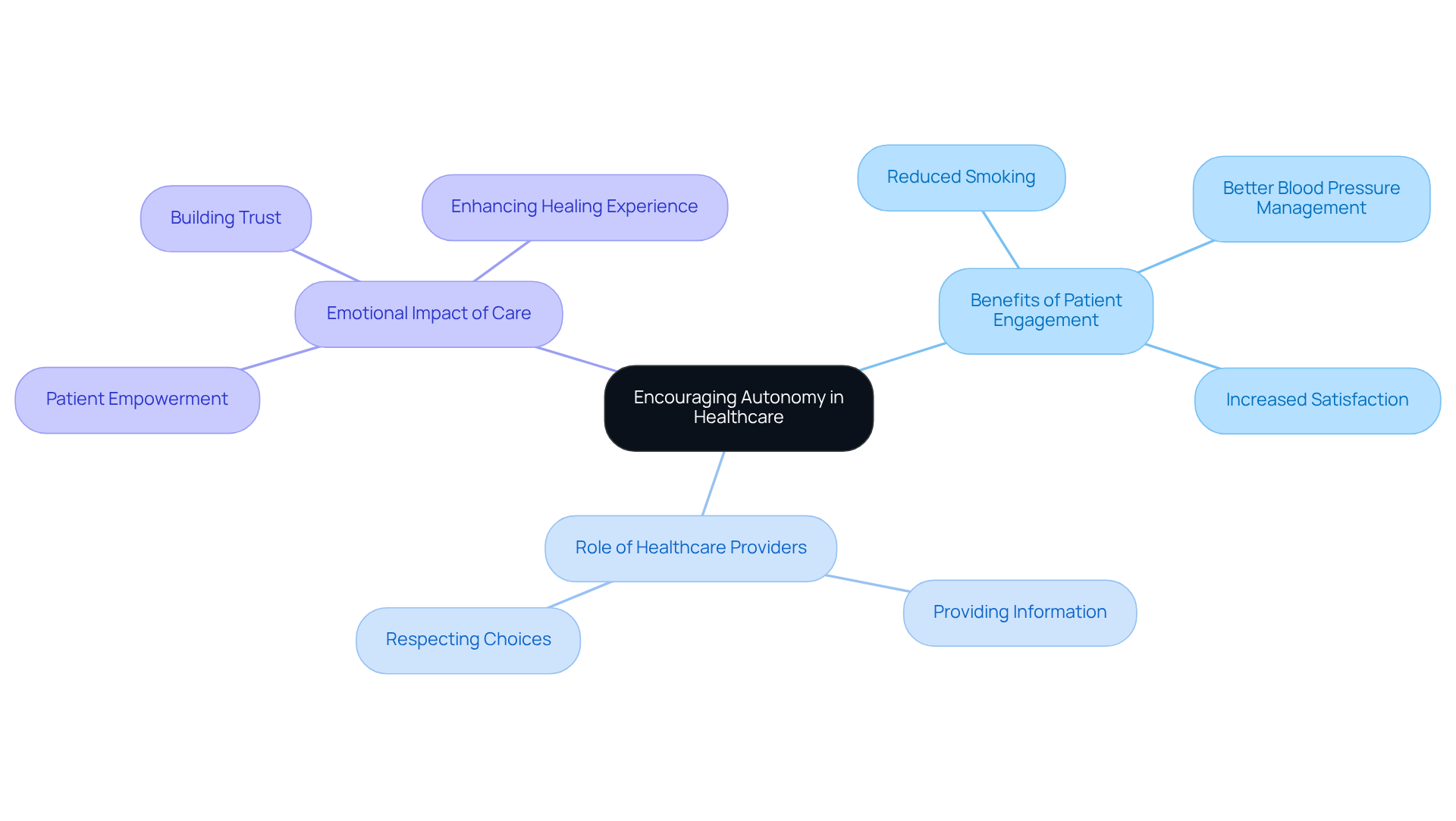 The central node represents the main theme of patient autonomy. Each branch highlights important aspects of how emotional care solutions empower patients, showing the interconnectedness of benefits, provider roles, and emotional experiences.
