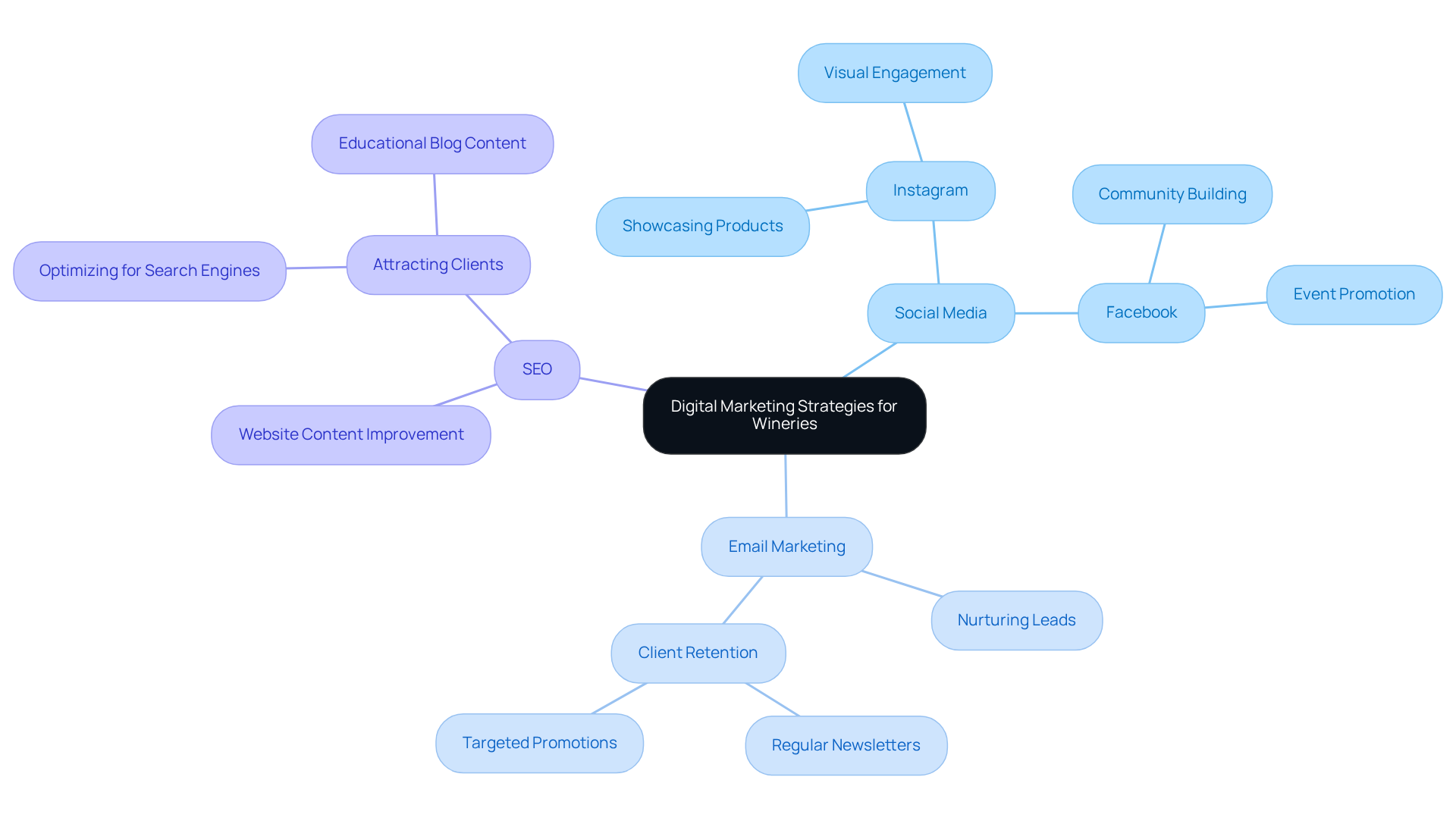 At the center is the main idea of using digital marketing. Branches show different strategies like social media, email marketing, and SEO, with further details on how they contribute to winery success.