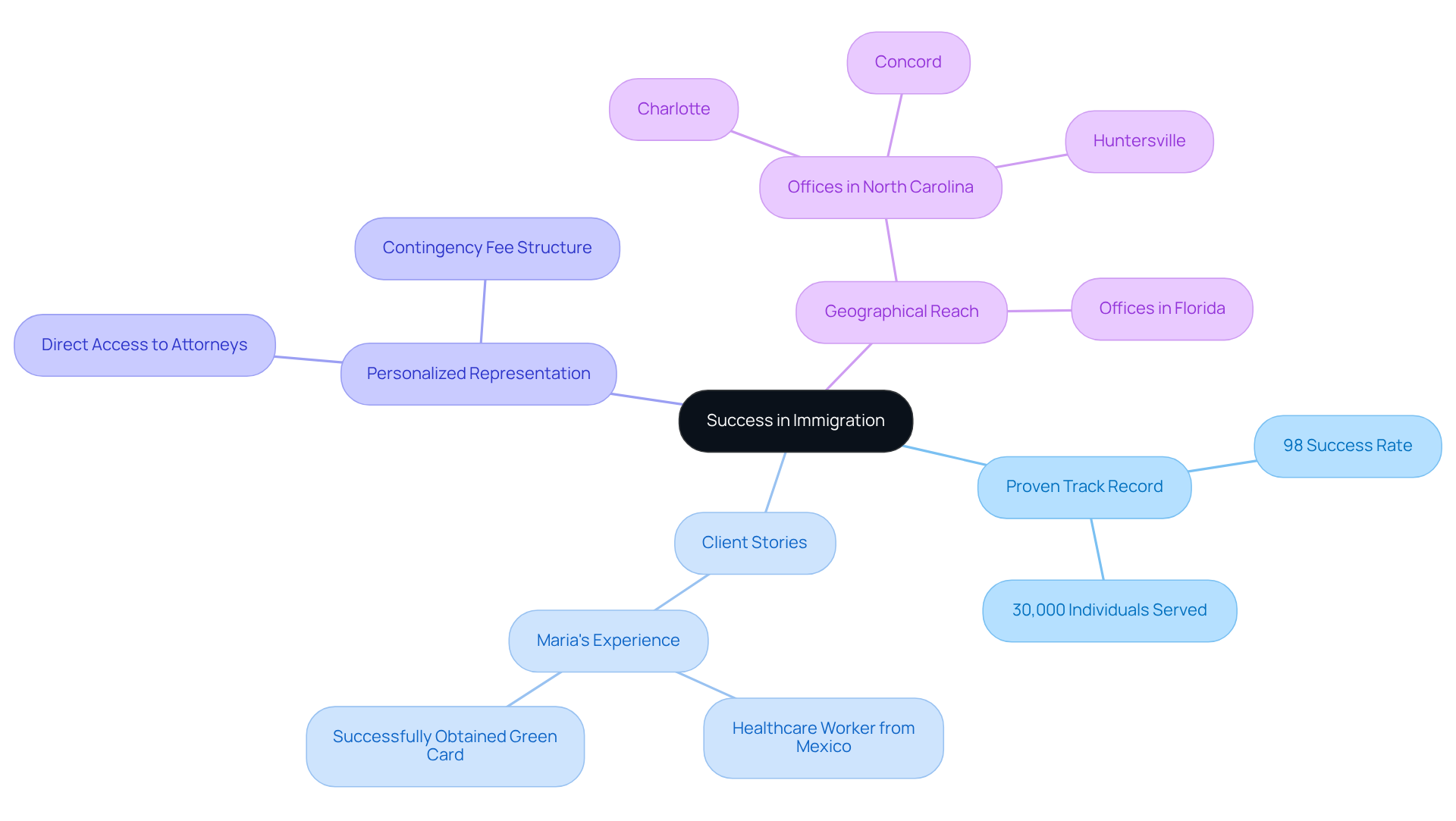 The central node shows the overall success theme, and each branch represents different contributing factors such as statistics, client testimonials, and the firm's commitment to support.