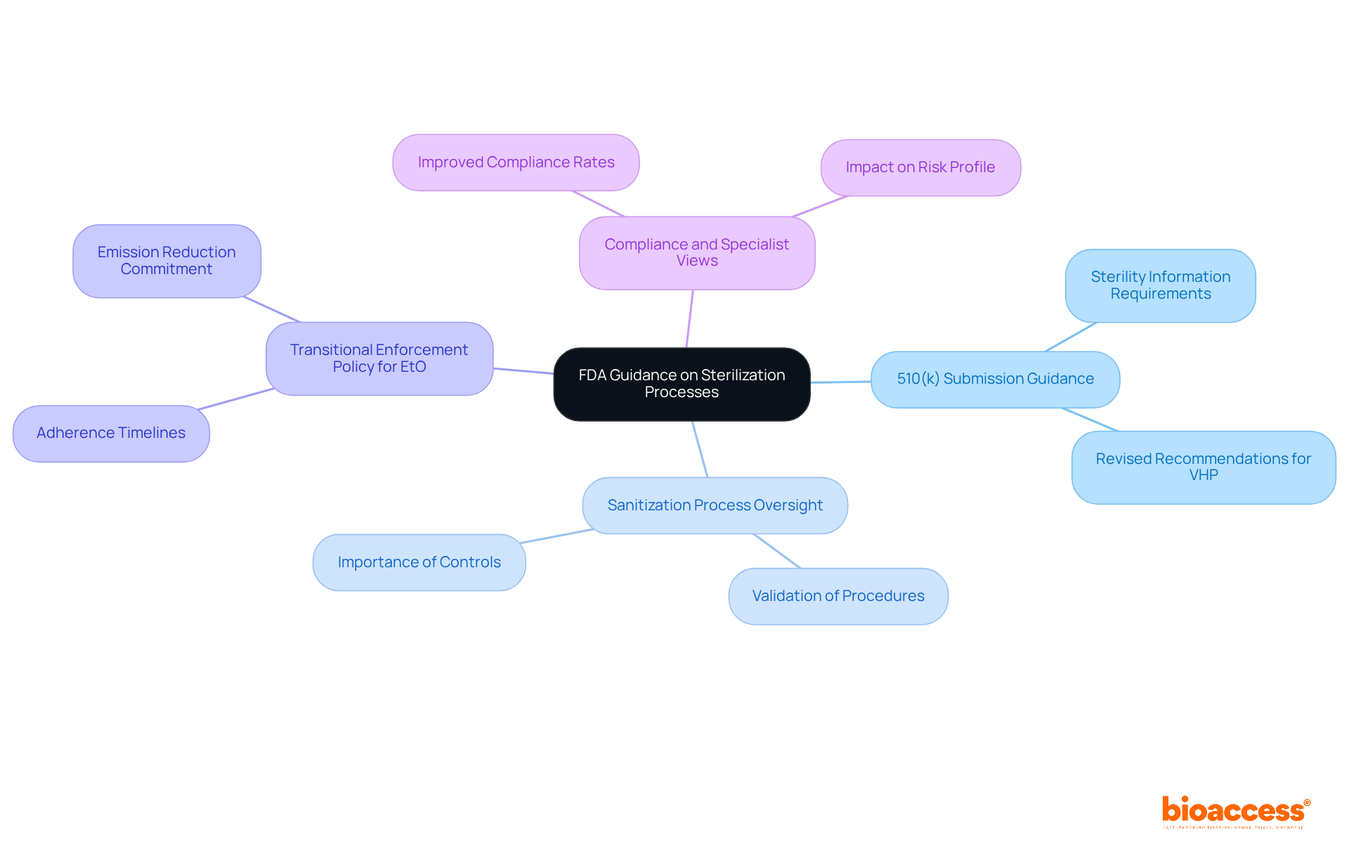 The central node represents the main topic, while the branches show different guidance documents and their importance. Each color-coded branch helps you quickly identify the specific areas of focus within the FDA's sterilization protocols.