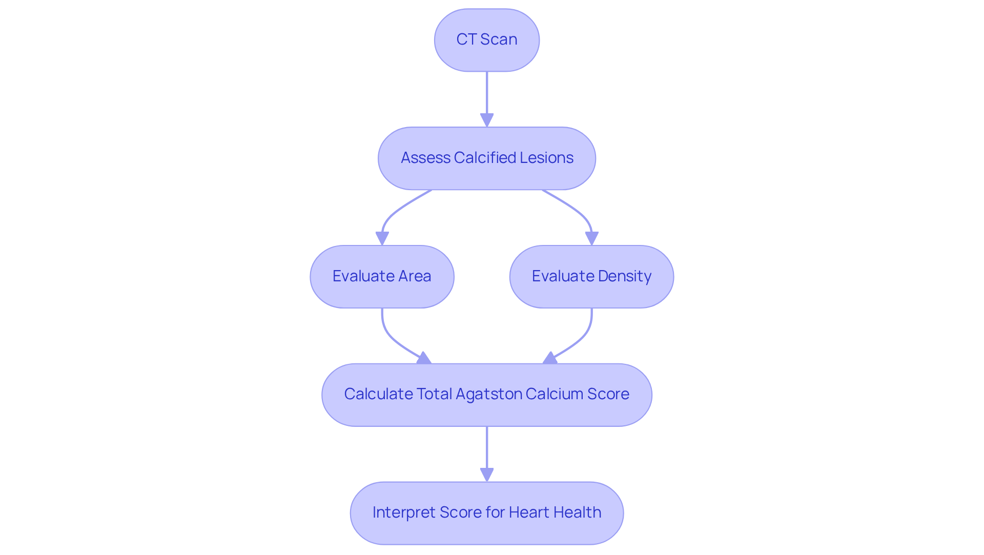 Follow the arrows to see how the Agatston Calcium Score is calculated, starting from the CT scan and moving through each assessment step until the final score is interpreted.