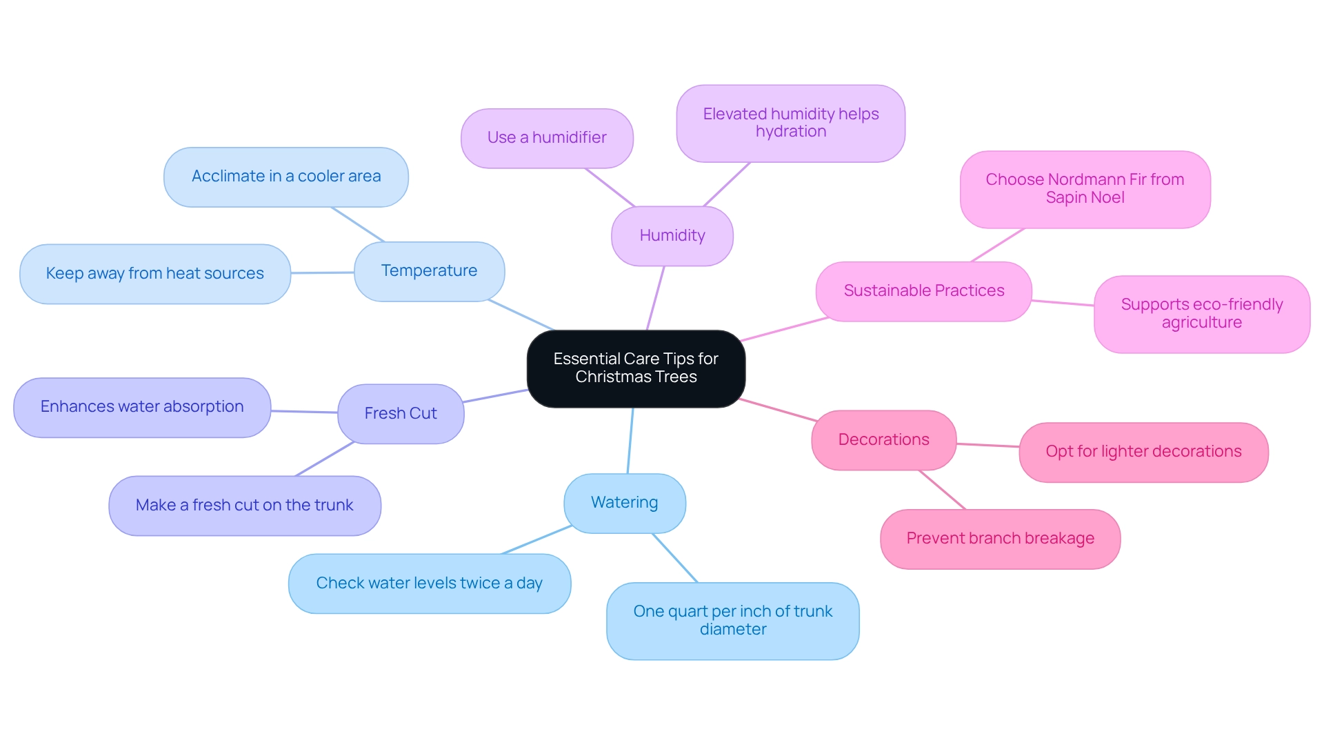 The central node represents the overall theme, with branches showing key care categories for maintaining tree freshness.