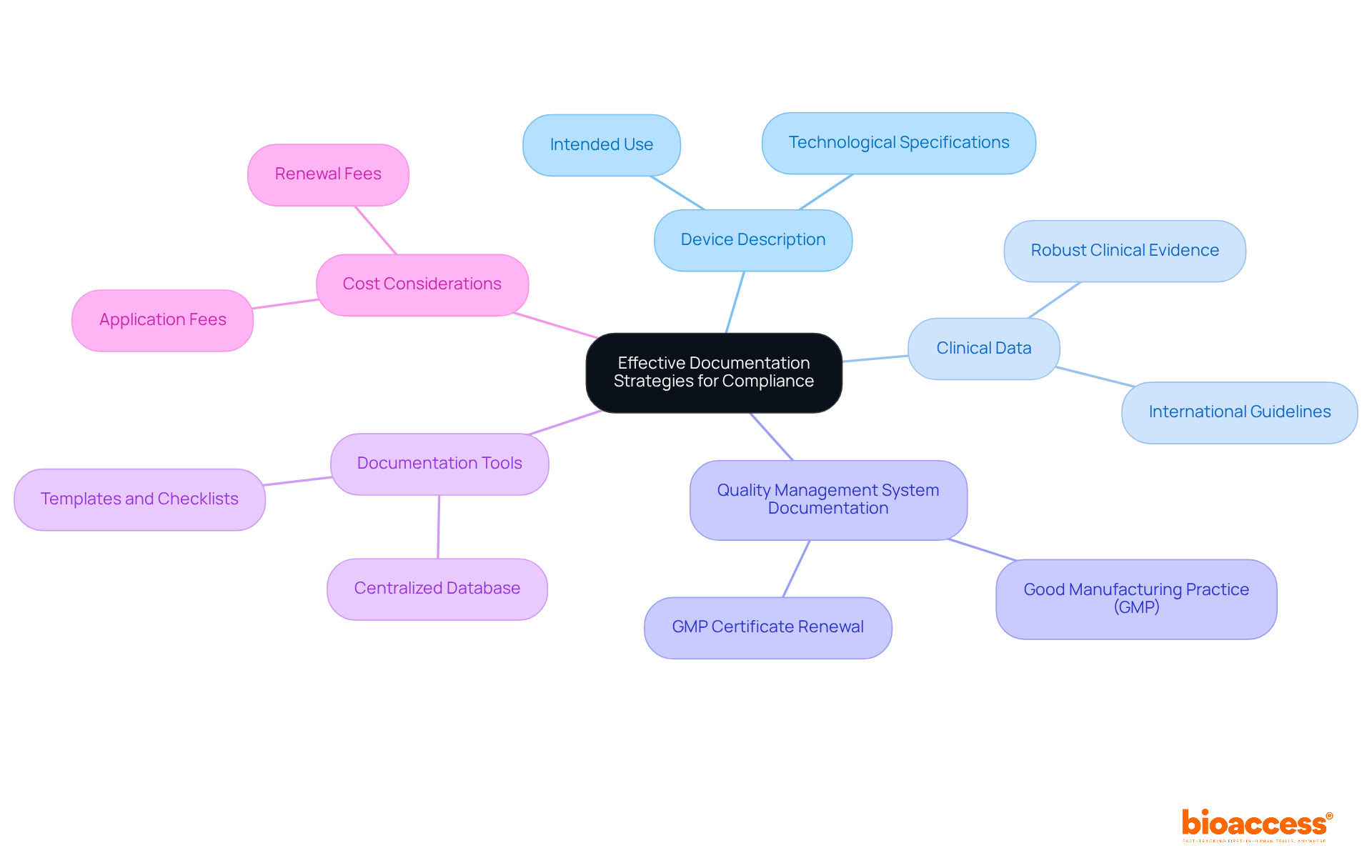 The center represents the main strategy, and the branches show the key components necessary for compliance. Each sub-branch provides more detail about what needs to be included in the documentation.