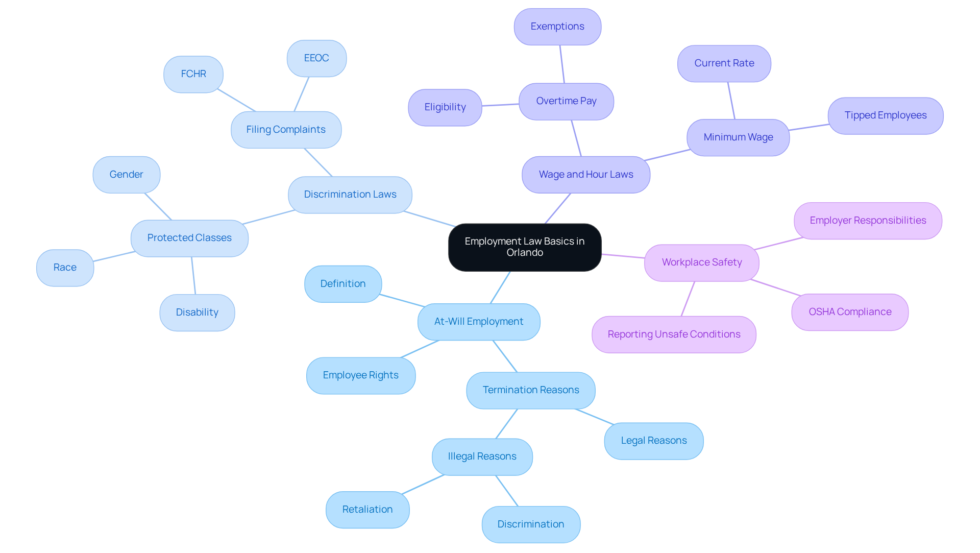 The central node represents the broad topic of employment law, with branches showing the main legal principles and sub-branches providing important details. This layout helps you understand how each area connects to the overall legal landscape.