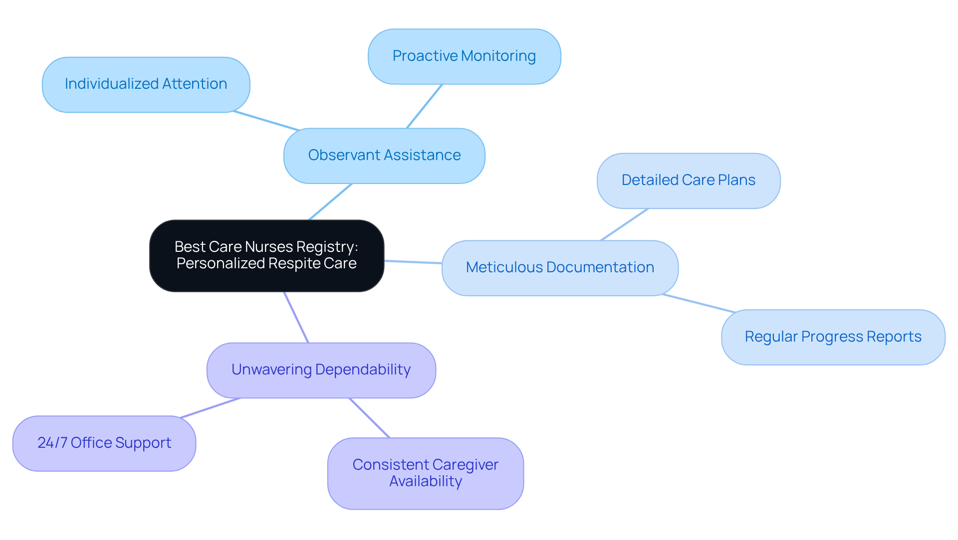 The central node represents the organization, while the branches illustrate the key focus areas of their services. Each area shows how they contribute to providing personalized care to families in need.