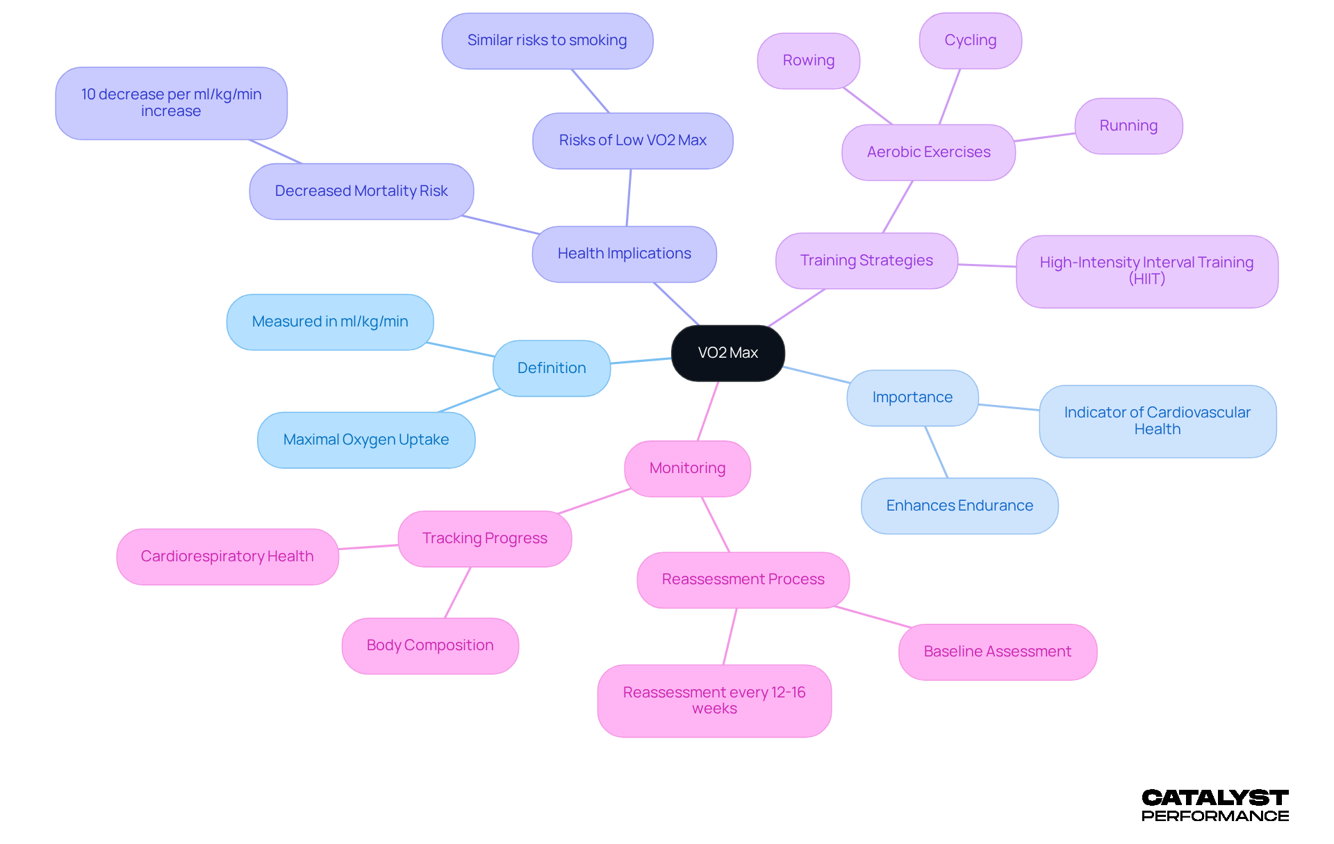 The central node represents VO2 Max, and each branch shows a different aspect of its significance in fitness. Follow the branches to explore how VO2 Max affects health, training, and performance. The central node represents VO2 Max, and each branch shows a different aspect of its significance in fitness. Follow the branches to explore how VO2 Max affects health, training, and performance.