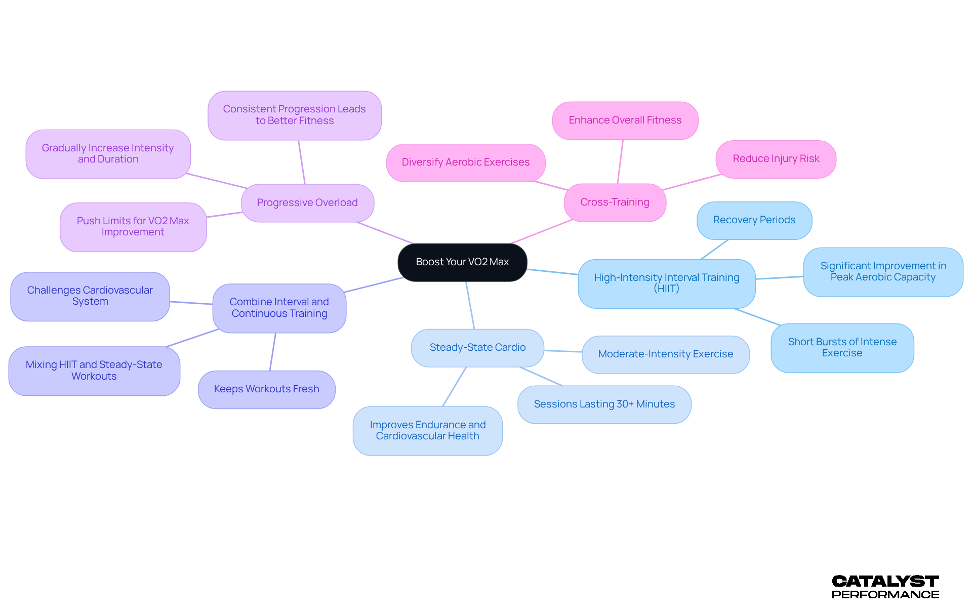 The central node represents the goal of improving VO2 max, while each branch shows a different strategy. Follow the branches to learn about each method and its benefits - think of it as a roadmap to a healthier you! The central node represents the goal of improving VO2 max, while each branch shows a different strategy. Follow the branches to learn about each method and its benefits - think of it as a roadmap to a healthier you!