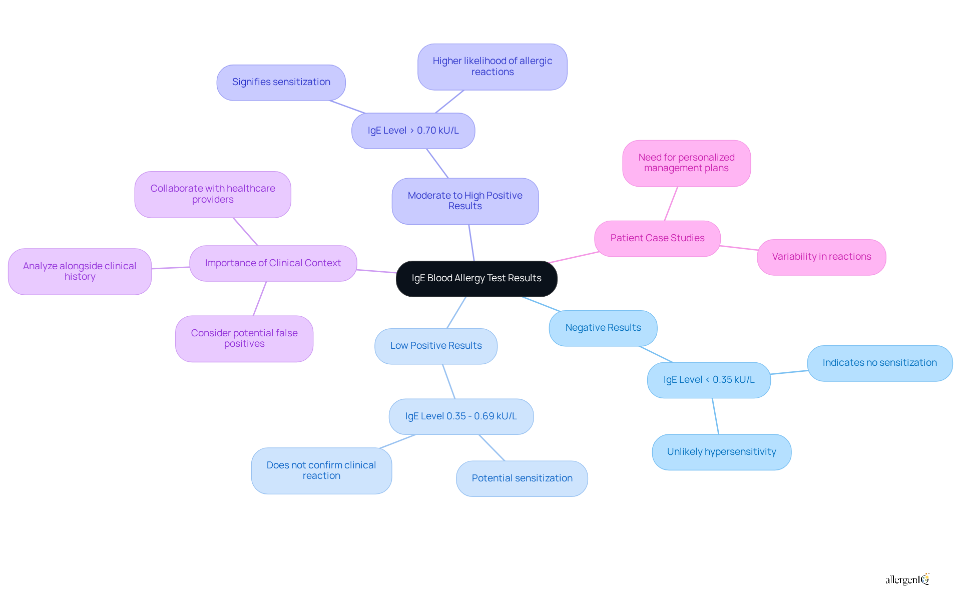 The central node represents the overall topic of IgE test results. Each branch shows different levels of sensitization, with color coding to help distinguish between them. The sub-branches provide specific details about what each level means for allergy management.