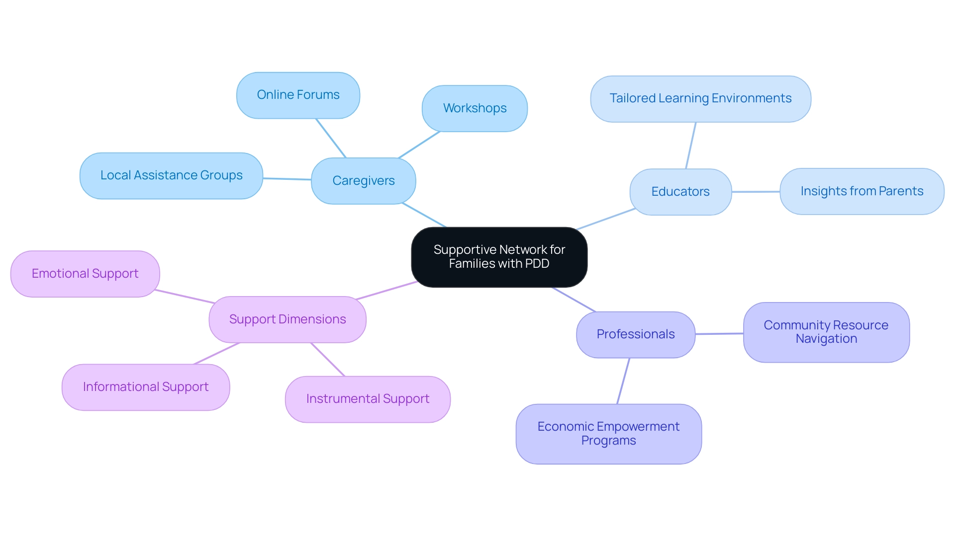 The central node represents the overall network, branches indicate roles (Caregivers, Educators, Professionals), and dimensions of support (Instrumental, Informational, Emotional).