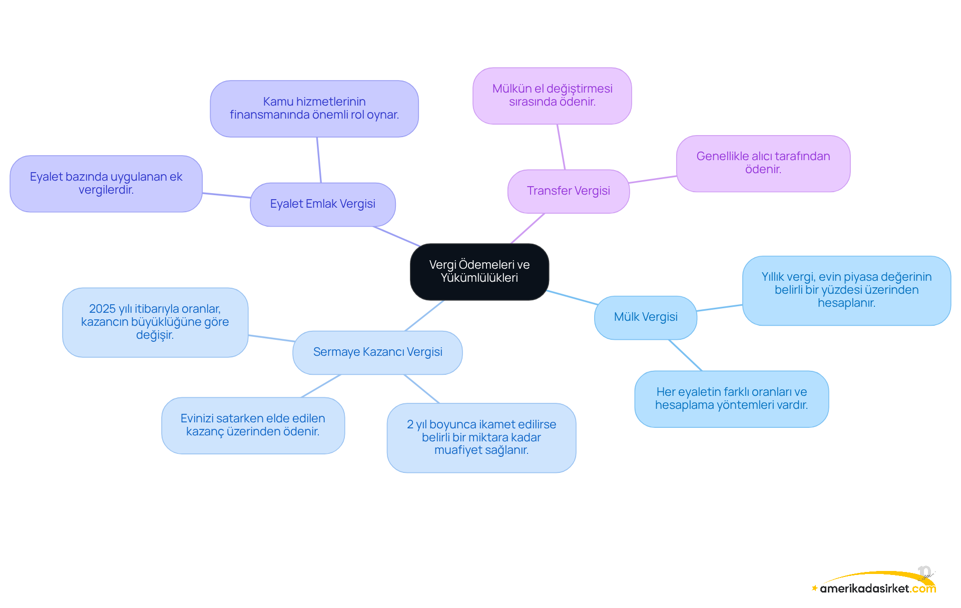 Merkezdeki başlık, tüm vergi yükümlülüklerini kapsıyor. Dallar, her bir vergi türünü temsil ediyor ve altındaki bilgilerle birlikte okuyuculara detaylı bir bakış sunuyor.