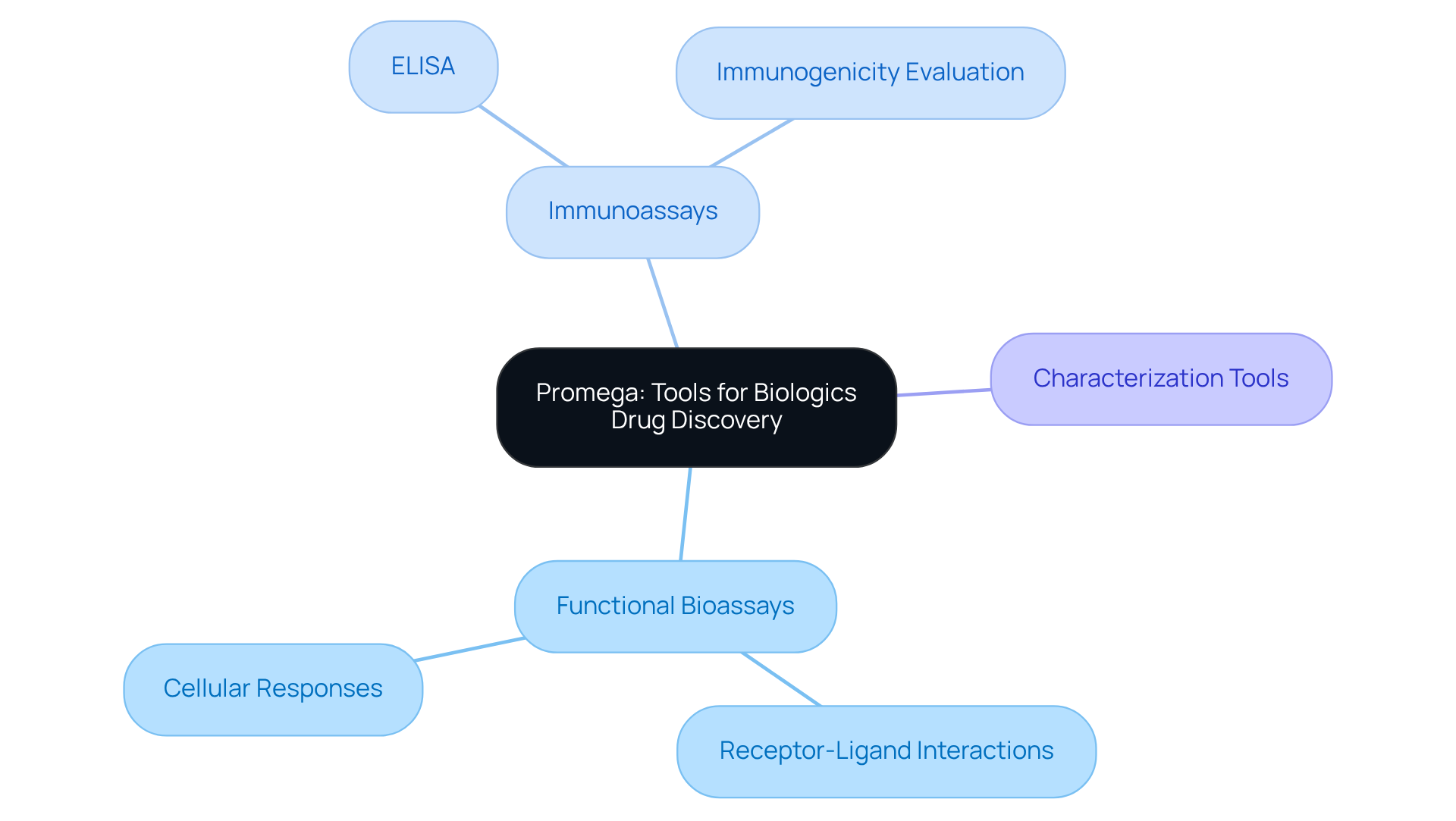 The central node represents Promega's focus on drug discovery tools, while the branches show different categories of tools and their specific applications in research.