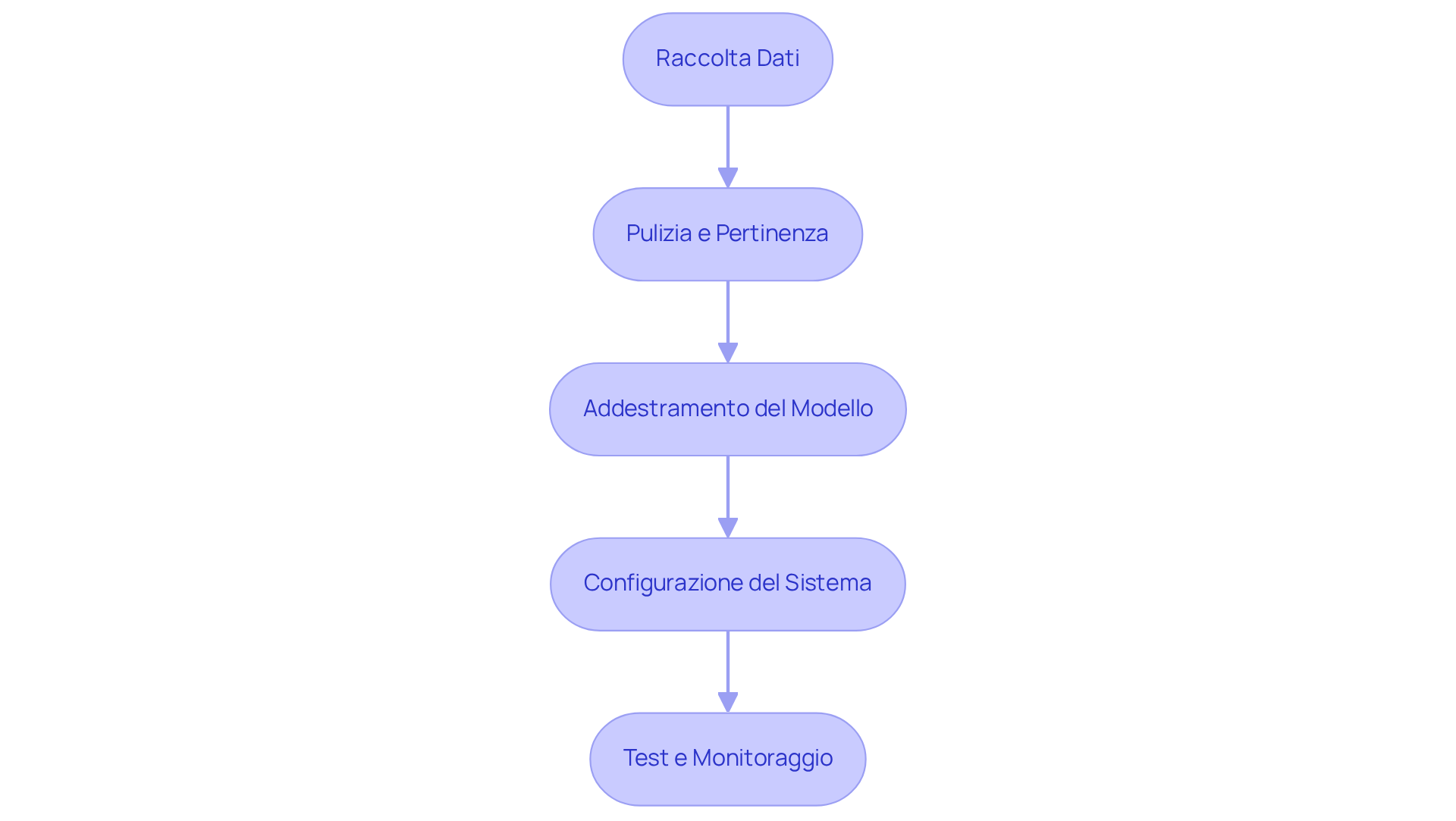 Ogni casella rappresenta un passaggio nel processo di addestramento e configurazione dell'IA. Segui le frecce per vedere come ogni fase si collega alla successiva.