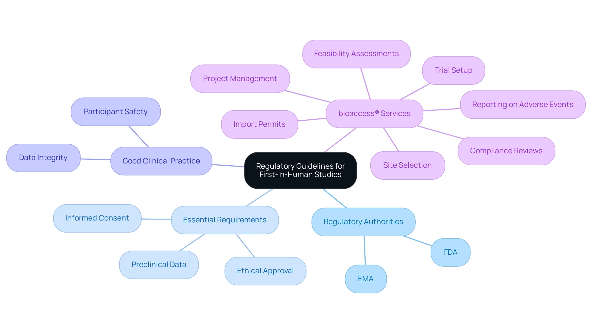 The central node represents the overall guidelines, with branches depicting key areas such as regulatory authorities, essential requirements, and bioaccess® services.