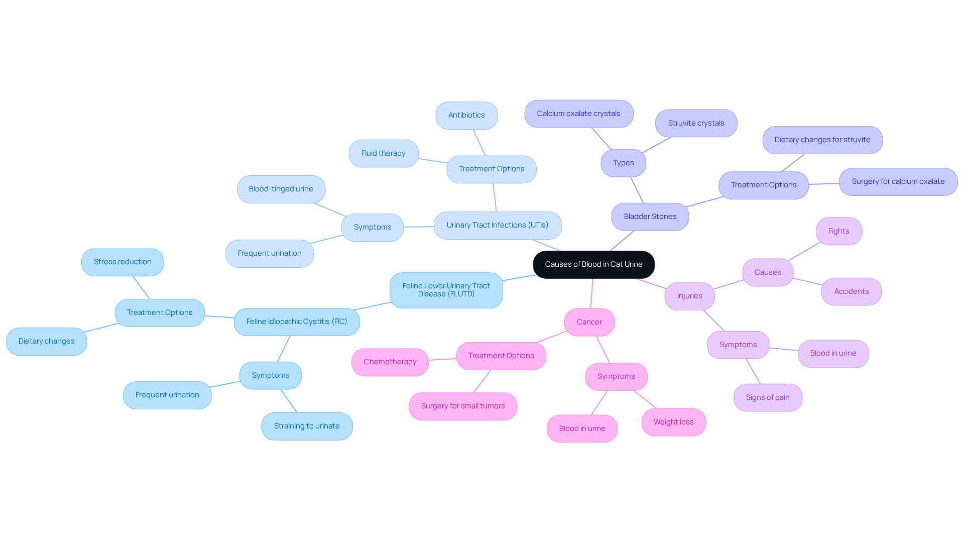 This mindmap starts with the central issue of blood in cat urine and branches out into various causes. Each main branch represents a potential medical condition, with sub-points providing details about symptoms and treatments. Follow the branches to understand each cause and how they relate to your cat's health.