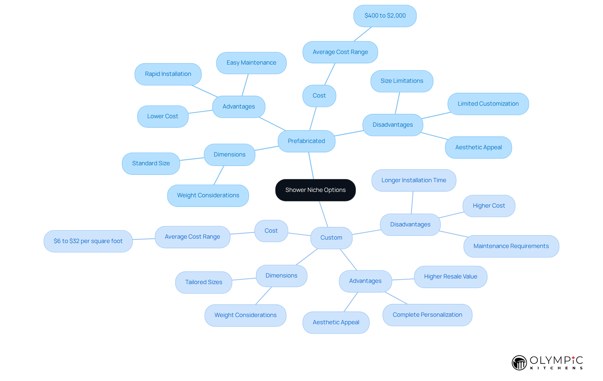 The central node represents the overall topic, while the branches show the two main options. Each sub-branch provides specific details about dimensions, pros and cons, and costs, helping you understand the trade-offs involved.