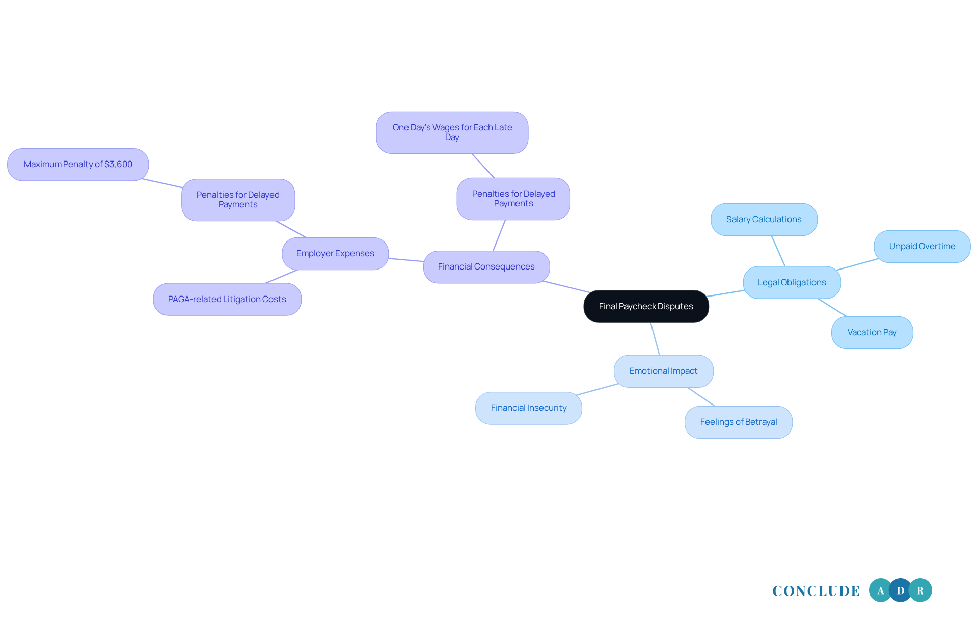 The central node represents the main topic, while the branches show different aspects of the disputes. Each color-coded branch helps you see how legal, emotional, and financial factors are interconnected.