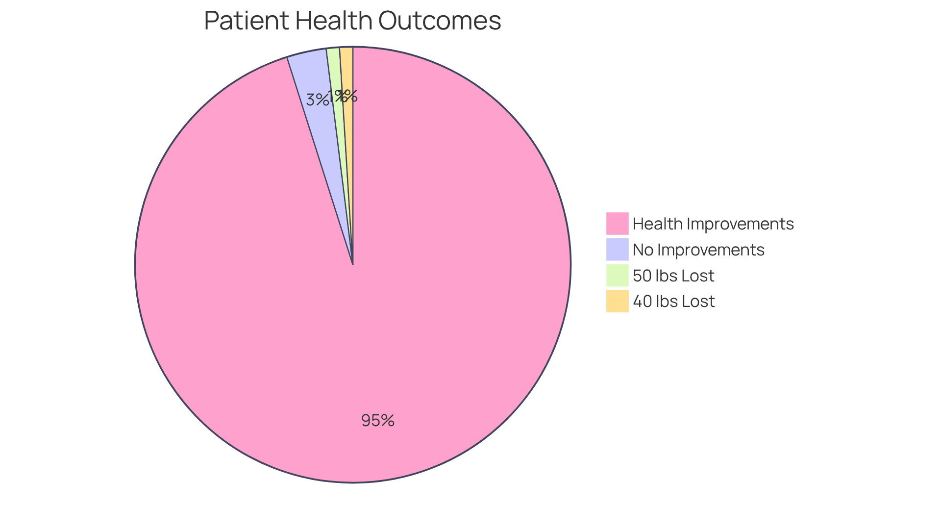 The green segment shows the majority of patients who felt healthier after treatment, while the red segment represents those who did not see improvements. The smaller segments highlight specific weight loss achievements, showcasing the effectiveness of the treatment.
