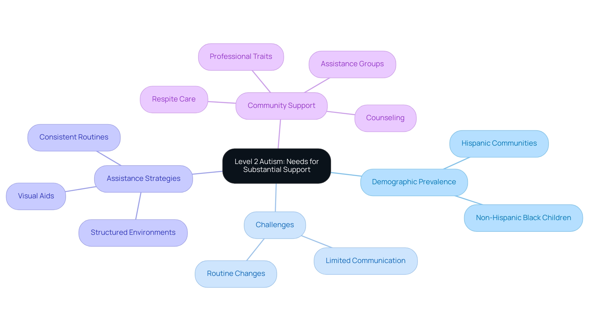 The central node represents Level 2 Autism, with branches illustrating demographic factors, challenges faced, assistance strategies, and community support elements.