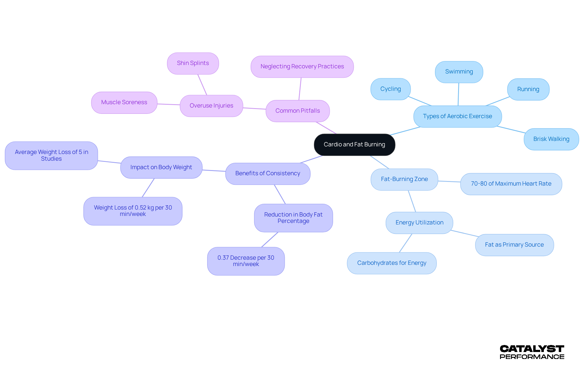 The central node represents the main topic, while the branches show different aspects of cardio and fat burning. Each color-coded branch helps you see how various elements relate to the overall theme.