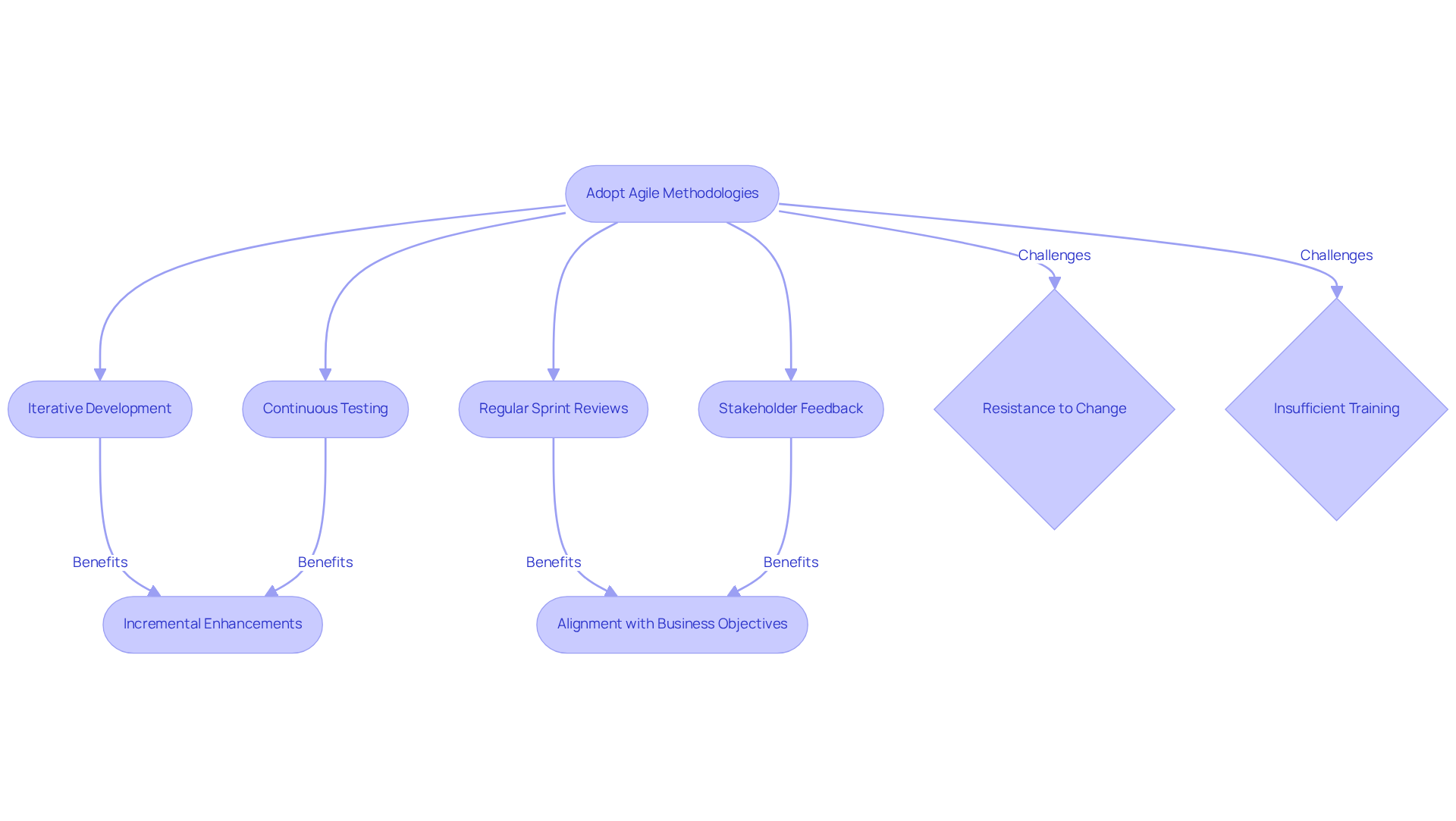 This flowchart shows the steps involved in adopting agile methodologies. Each box represents a key action or benefit, and the arrows indicate how these steps connect to improve operational efficiency and revenue growth.