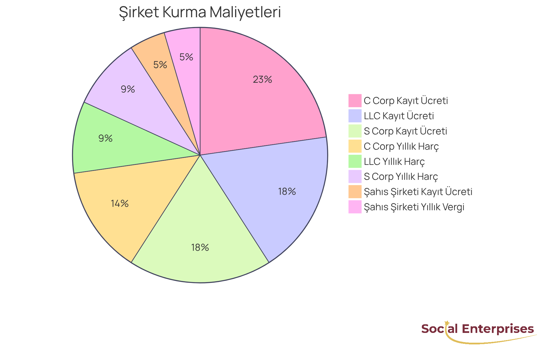 Her dilim, belirli bir şirket türü için kayıt ücreti veya yıllık harcı temsil ediyor. Dilimlerin büyüklüğü, o maliyetin toplam içindeki oranını gösteriyor - daha büyük dilimler, daha yüksek maliyetler anlamına geliyor.