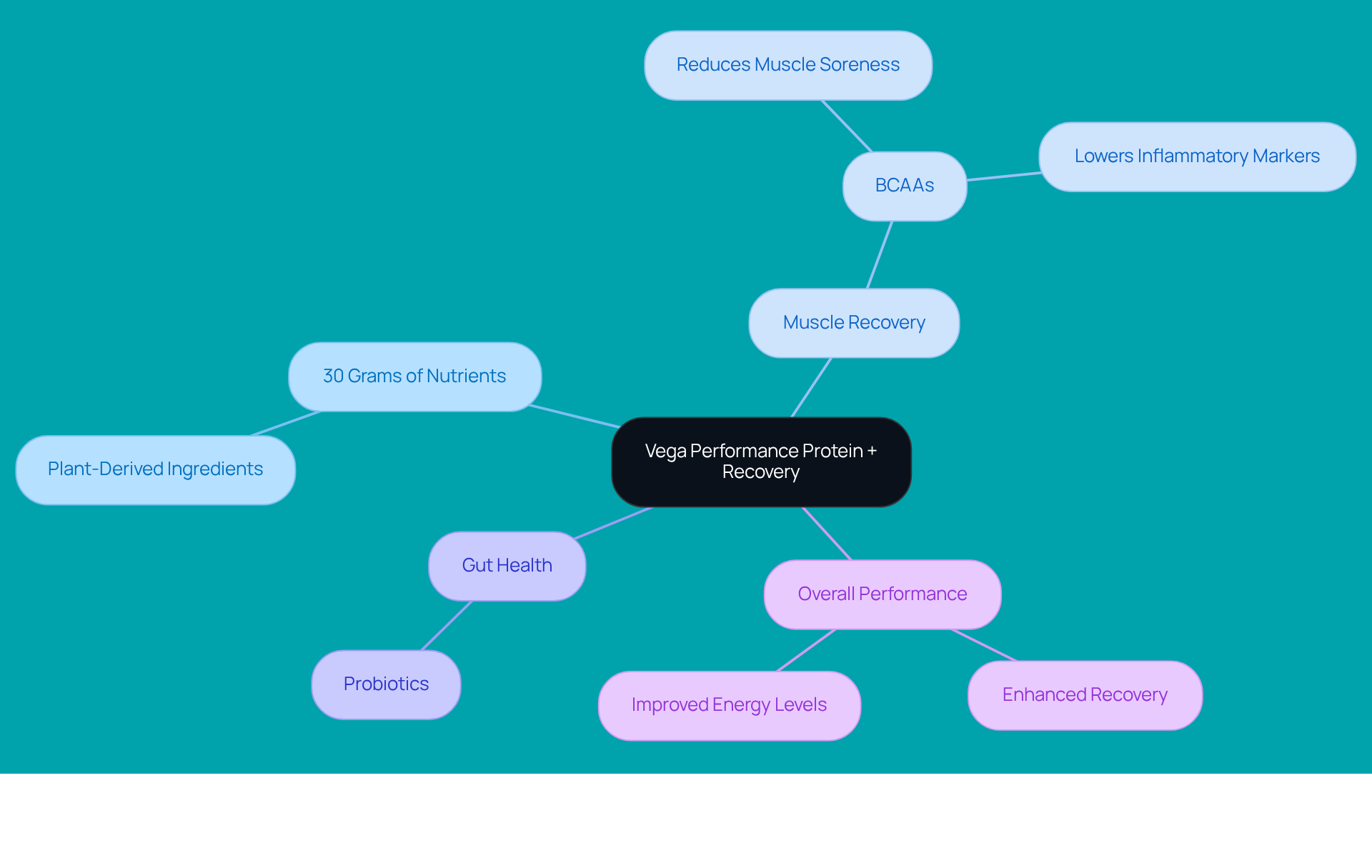 The central node represents the Vega product, with branches showing its main benefits. Each color-coded branch helps you quickly identify the key features and how they support your health and performance. The central node represents the Vega product, with branches showing its main benefits. Each color-coded branch helps you quickly identify the key features and how they support your health and performance.