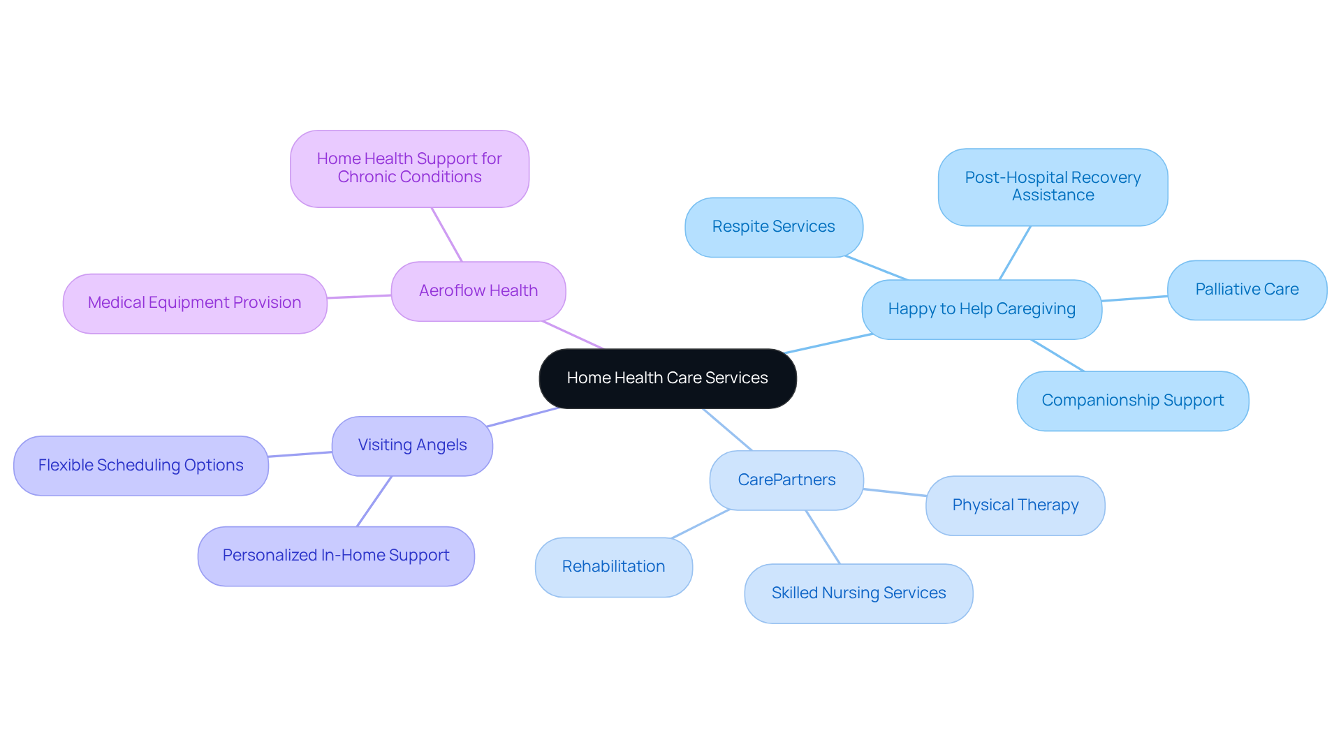 The central node represents the overall topic of home health care services. Each branch represents a different provider, and the sub-branches detail the specific services they offer. This layout helps you see how each provider's offerings compare.