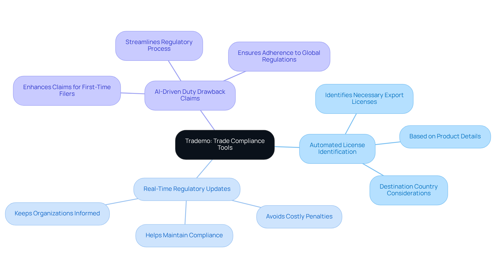 Start at the center with Trademo's main offering, then explore the branches to see how each feature contributes to effective trade compliance. Each color represents a different aspect of the tools available.