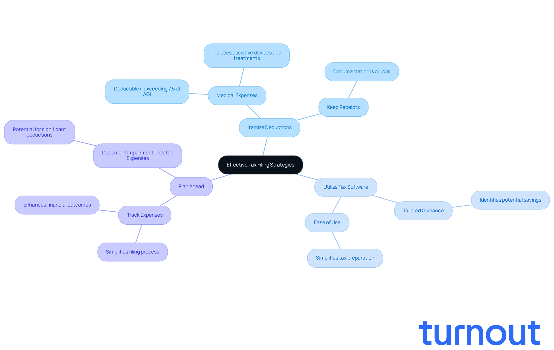 The center represents the main theme of tax filing strategies. Each branch shows a different strategy, and the sub-branches provide additional details and tips related to that strategy.