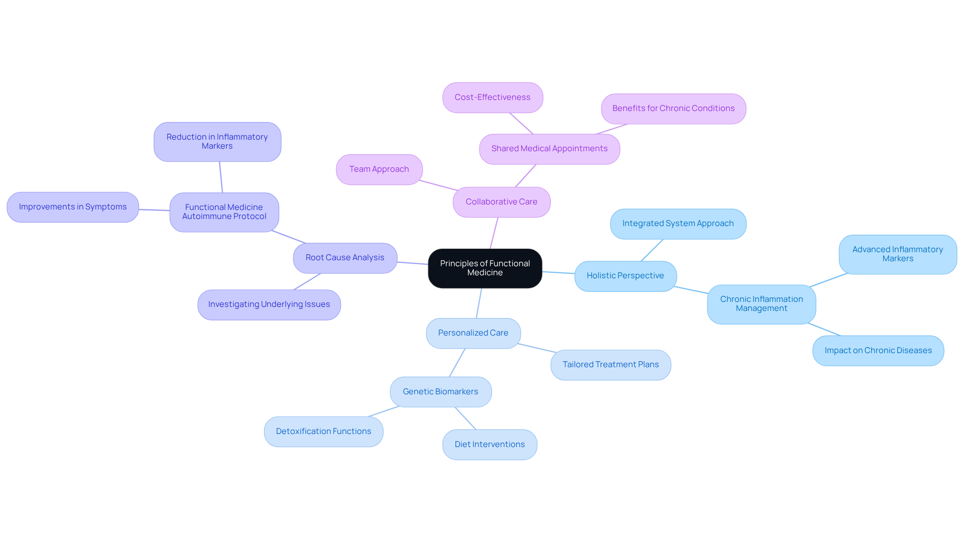 The central node represents the overall concept of functional medicine, while the branches illustrate the main principles. Each sub-branch provides additional details or examples, helping you understand how these principles work together to support health and well-being.