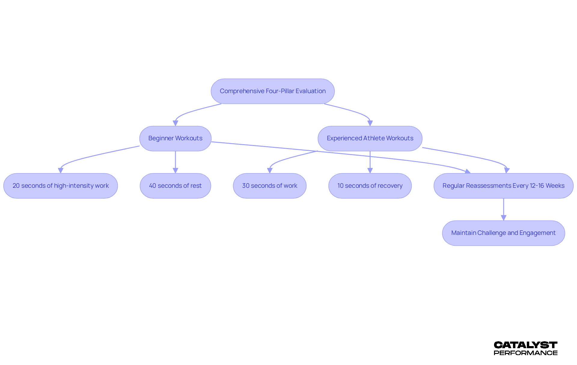 Follow the arrows to see how each step builds on the previous one, from evaluation to customized workouts and regular check-ins to keep you motivated.