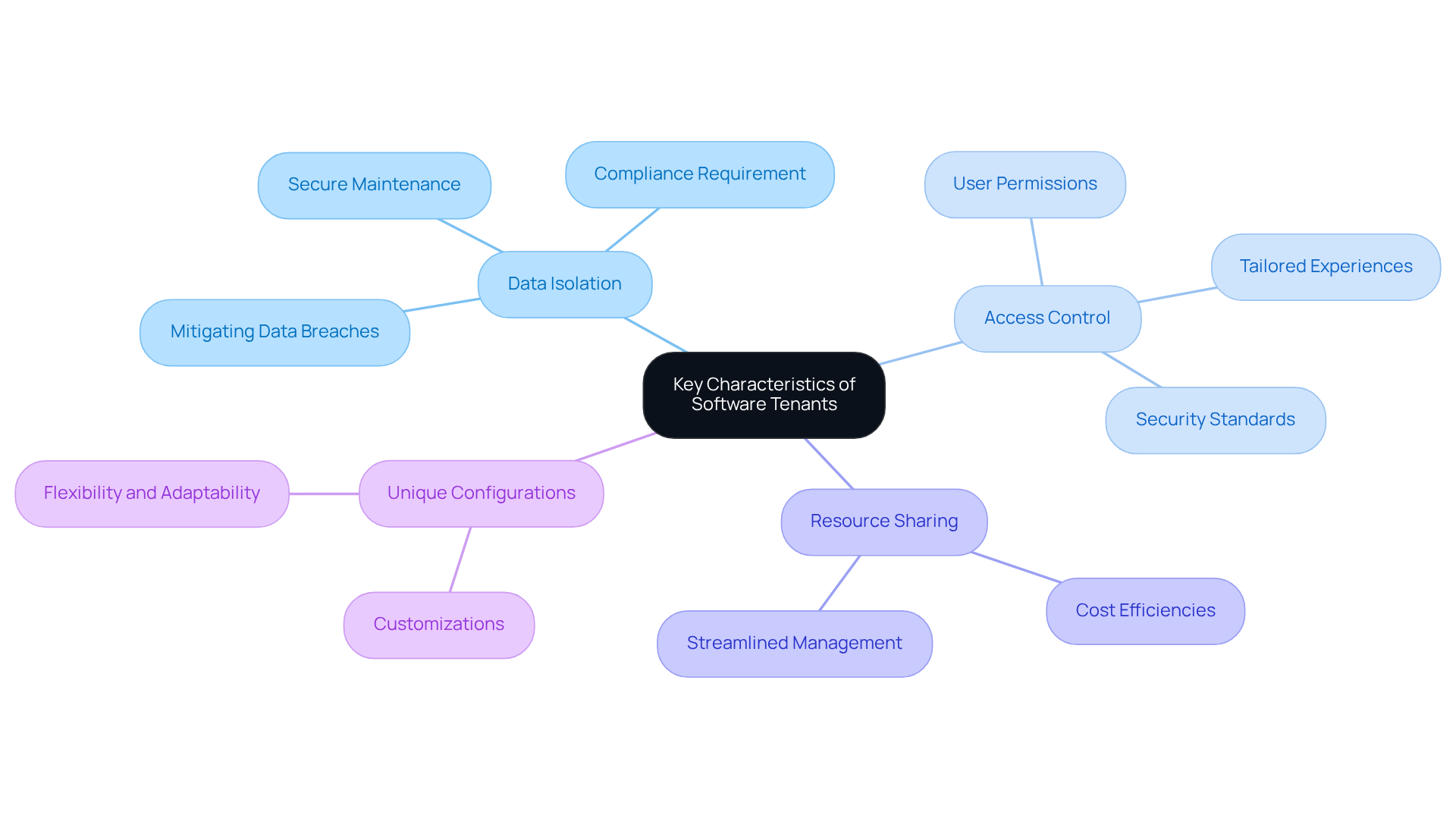 The center represents the main idea of software tenants, while the branches show the key characteristics. Each branch explains a different aspect, helping you understand how they contribute to the overall concept.