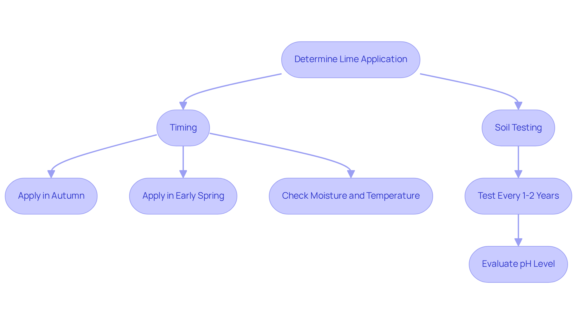 Follow the arrows to see the steps for applying lime. Start with determining the right timing, then check your soil, and make sure to apply the correct amount for a healthy lawn.