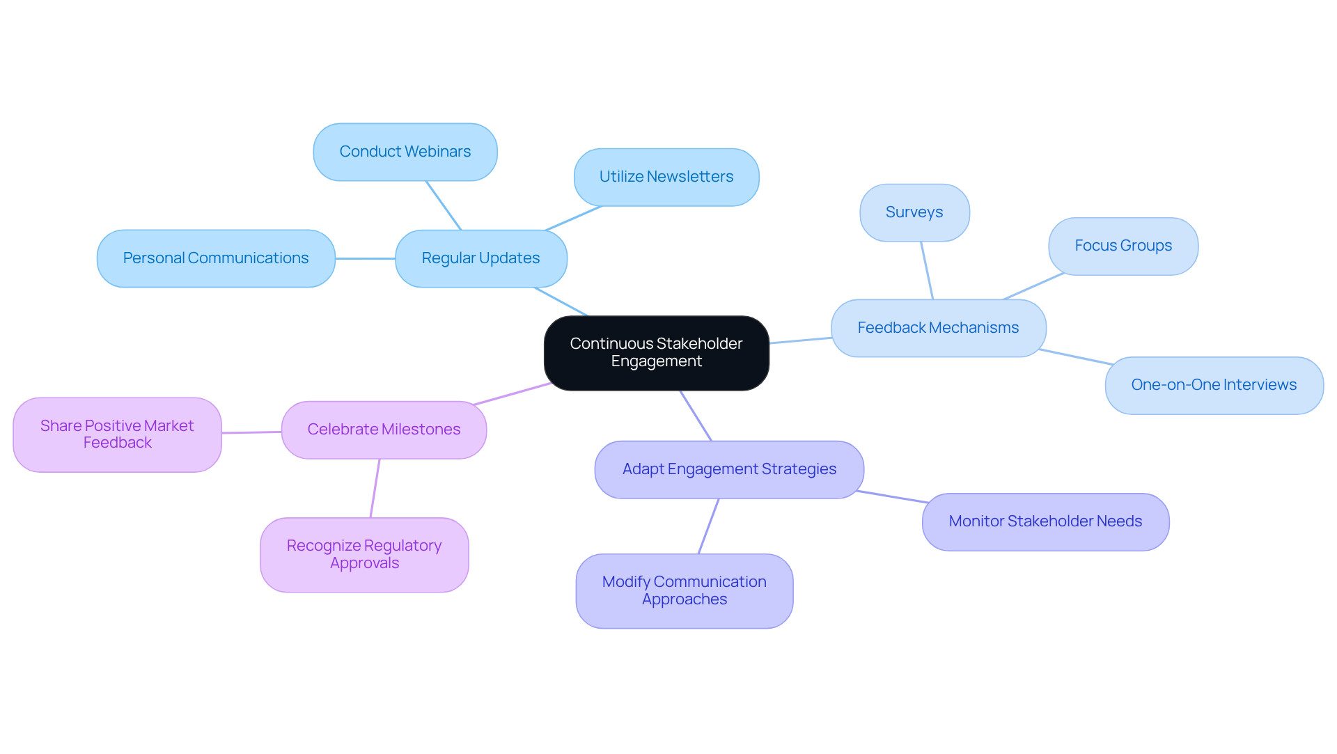 The central node represents the main goal of engaging stakeholders continuously. Each branch shows a strategy to achieve this, with further details on how to implement each one. The colors help differentiate the strategies for better understanding.