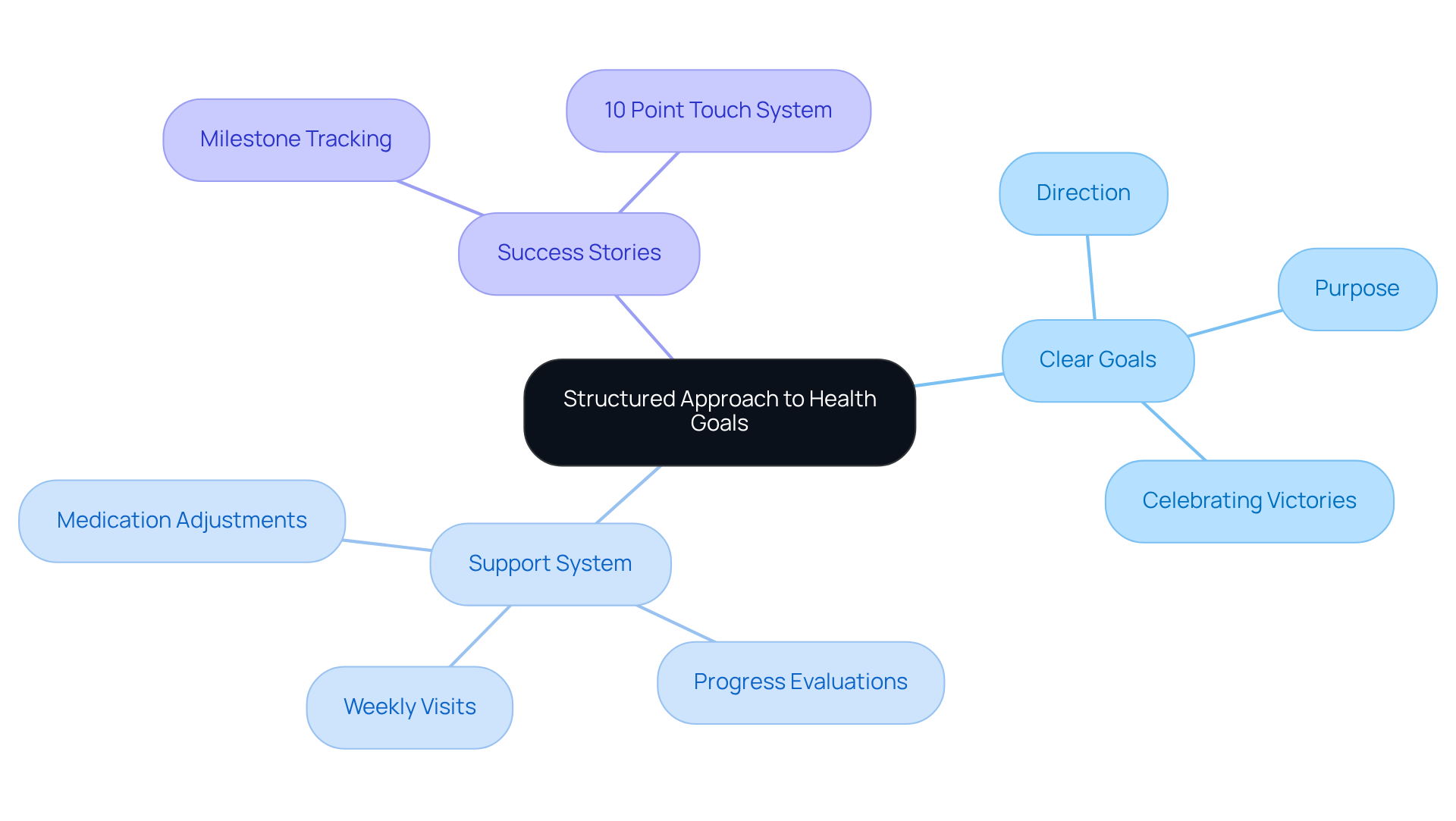 Start at the center with the main idea of a structured approach, then explore each branch to see how clear goals, support systems, and success stories contribute to achieving health objectives. Start at the center with the main idea of a structured approach, then explore each branch to see how clear goals, support systems, and success stories contribute to achieving health objectives.