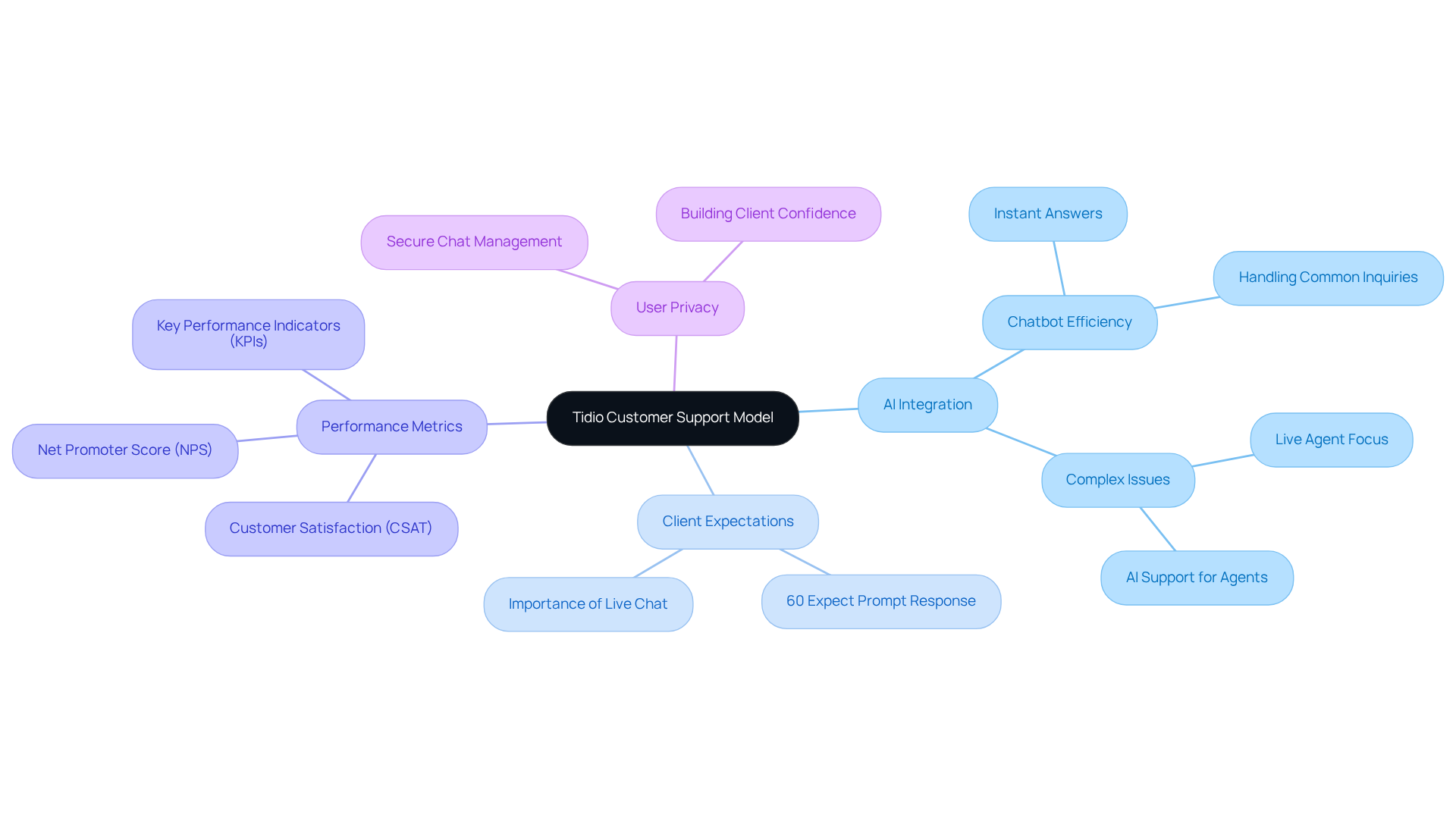 The center represents Tidio's approach to customer support, with branches showing how AI and live chat work together, what clients expect, and how performance is measured.